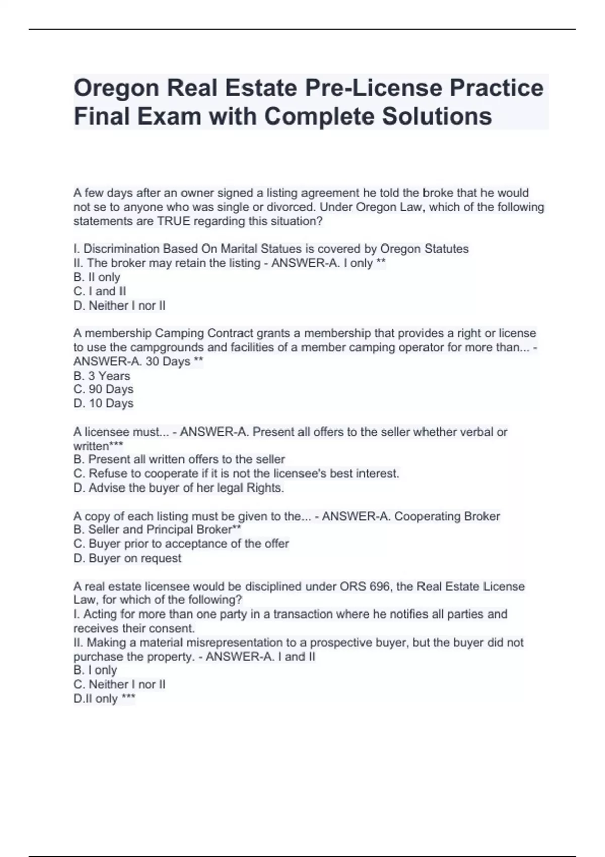 Oregon Real Estate Pre-License Practice Final Exam with Complete ...