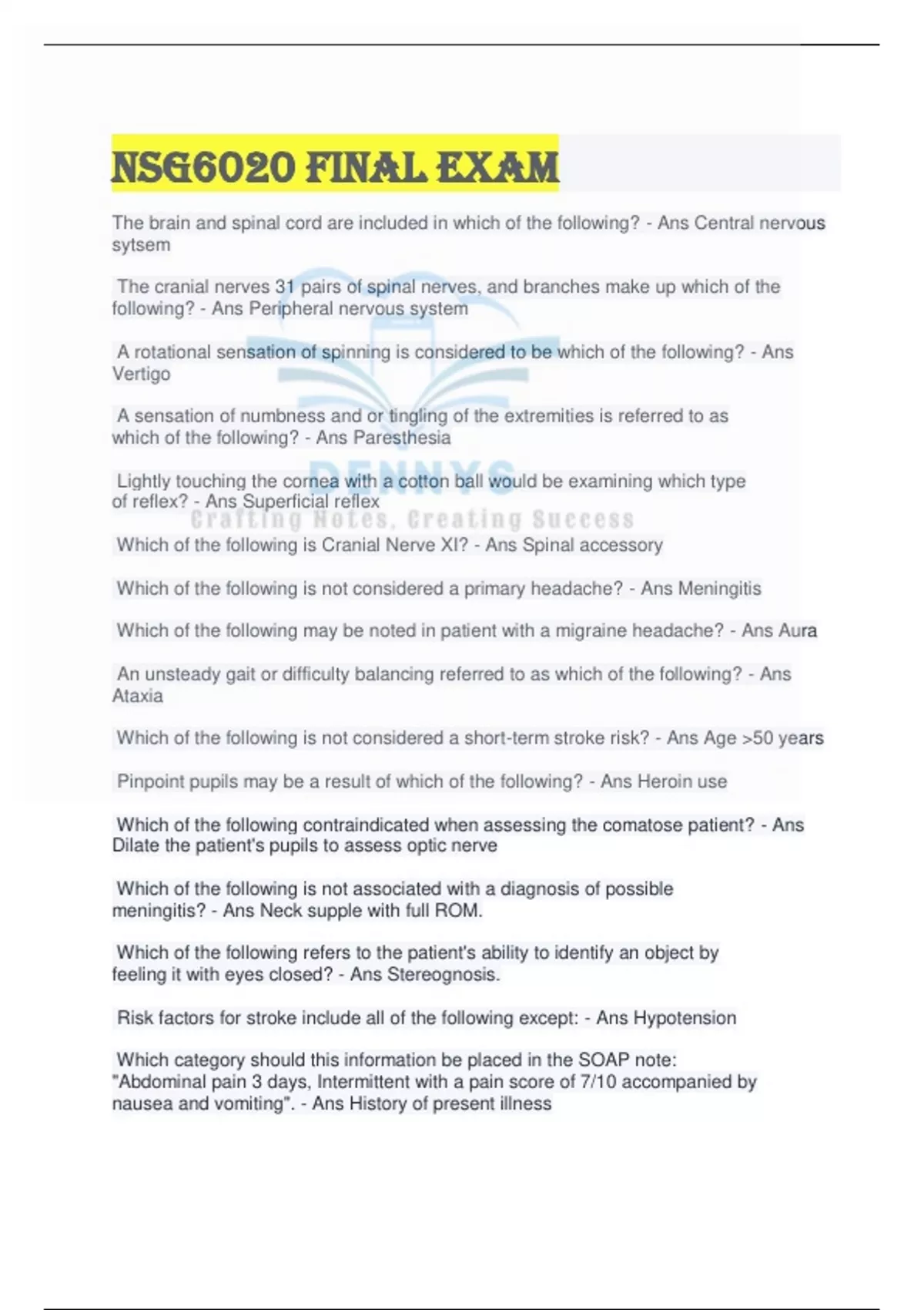 NSG6020 FINAL EXAM Comprehensive Questions and Answers, 100 Accuracy| The brain and spinal cord ...