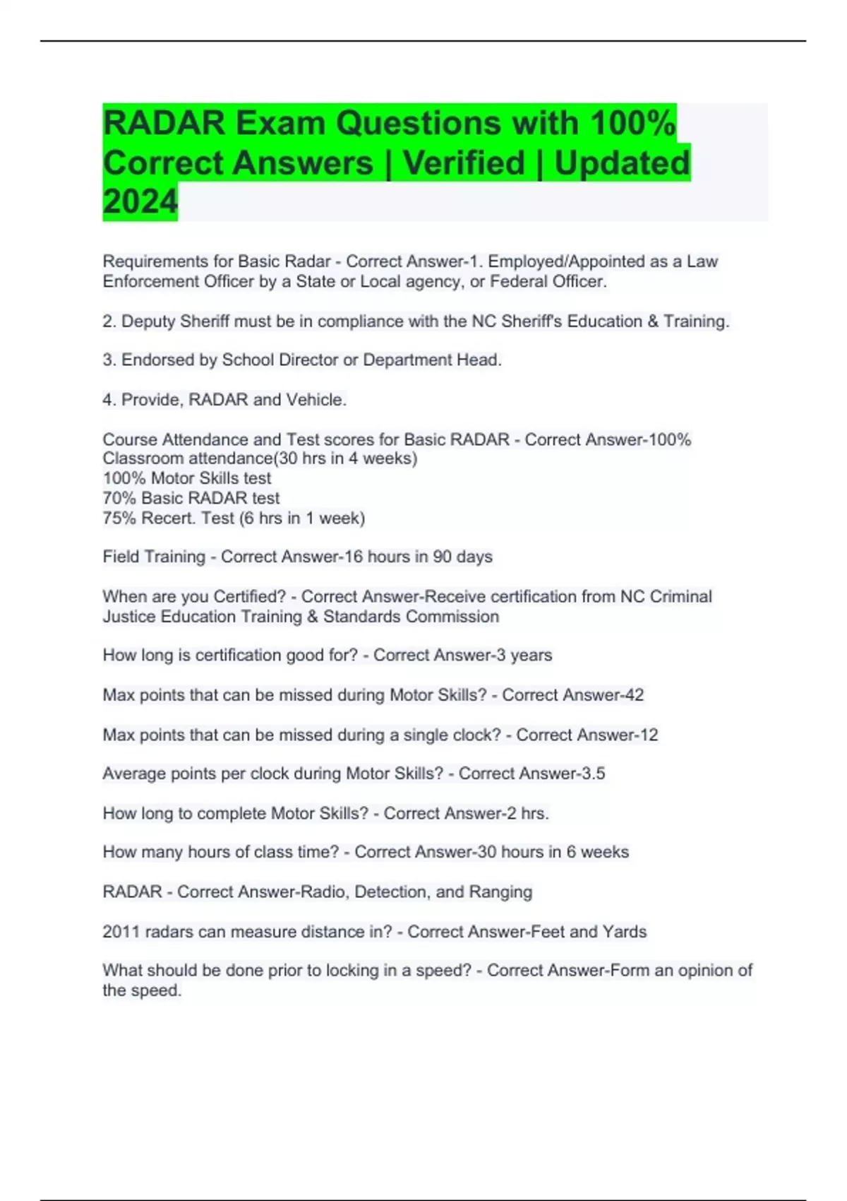 RADAR Exam Questions with 100% Correct Answers | Verified | Updated 2024 - RADAR - Stuvia US