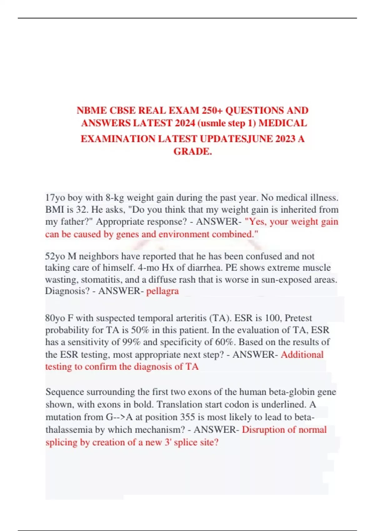NBME CBSE REAL EXAM 250+ QUESTIONS AND ANSWERS LATEST 2024 (usmle step ...