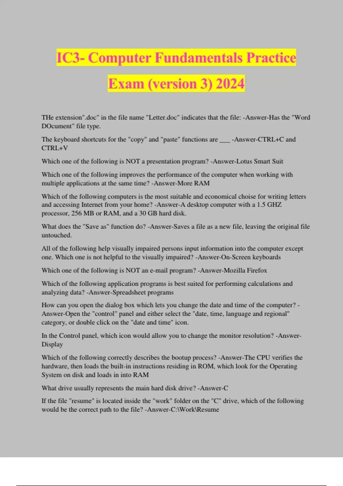 IC3- Computer Fundamentals Practice Exam (version 3) 2024 - IC3- Computer Fundamentals - Stuvia US