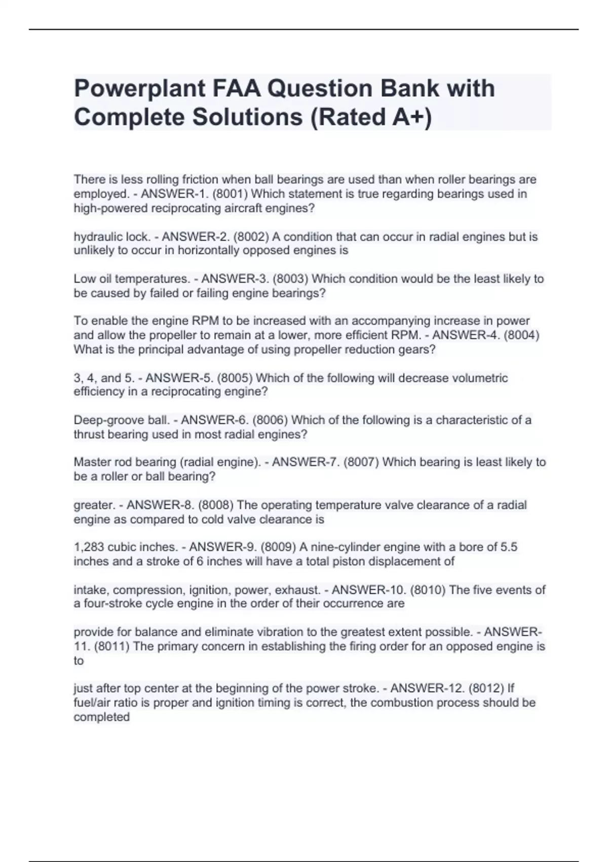 Powerplant FAA Question Bank with Complete Solutions (Rated A+ ...