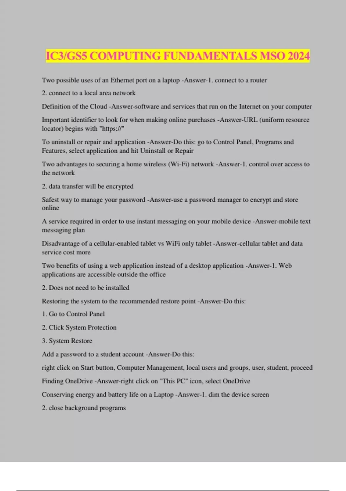 IC3/GS5 COMPUTING FUNDAMENTALS MSO 2024 - IC3-Computer Fundamentals - Stuvia US