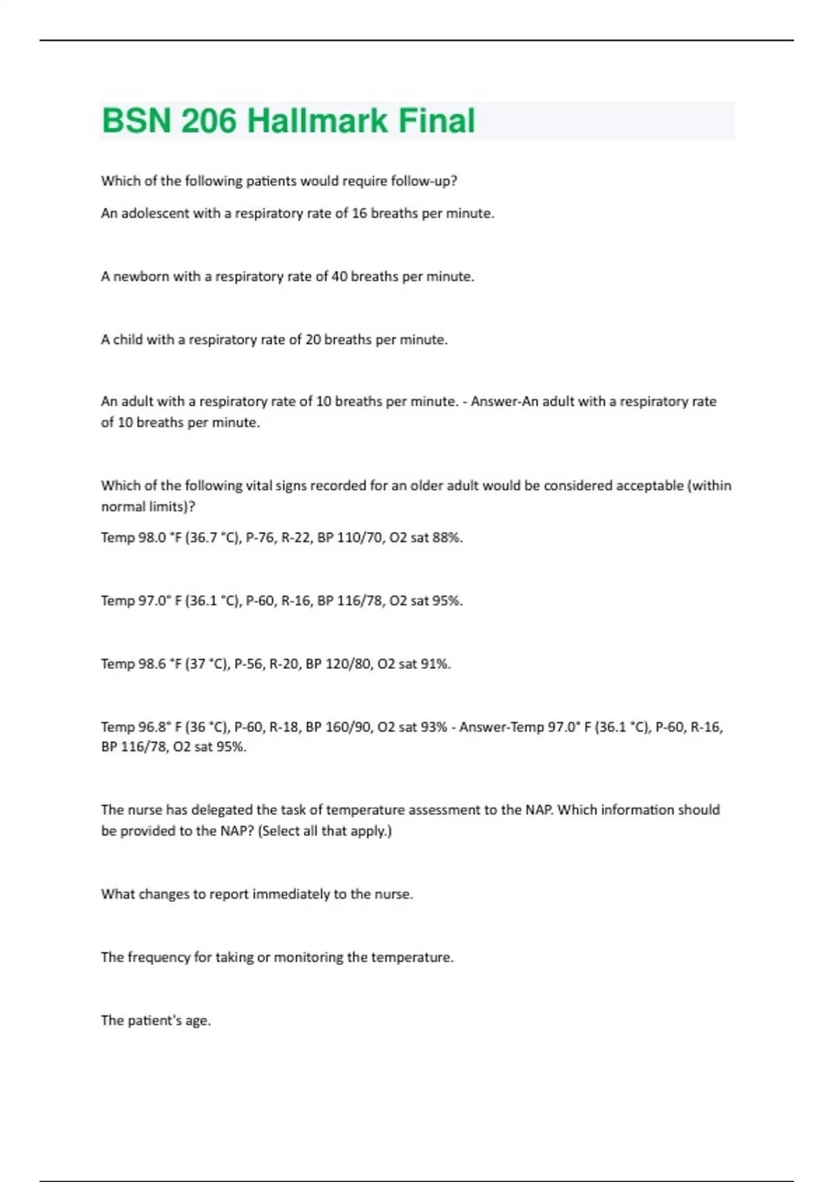 BSN 206 Hallmark Final Questions and Answers with complete solution - BSN 206 - Stuvia US