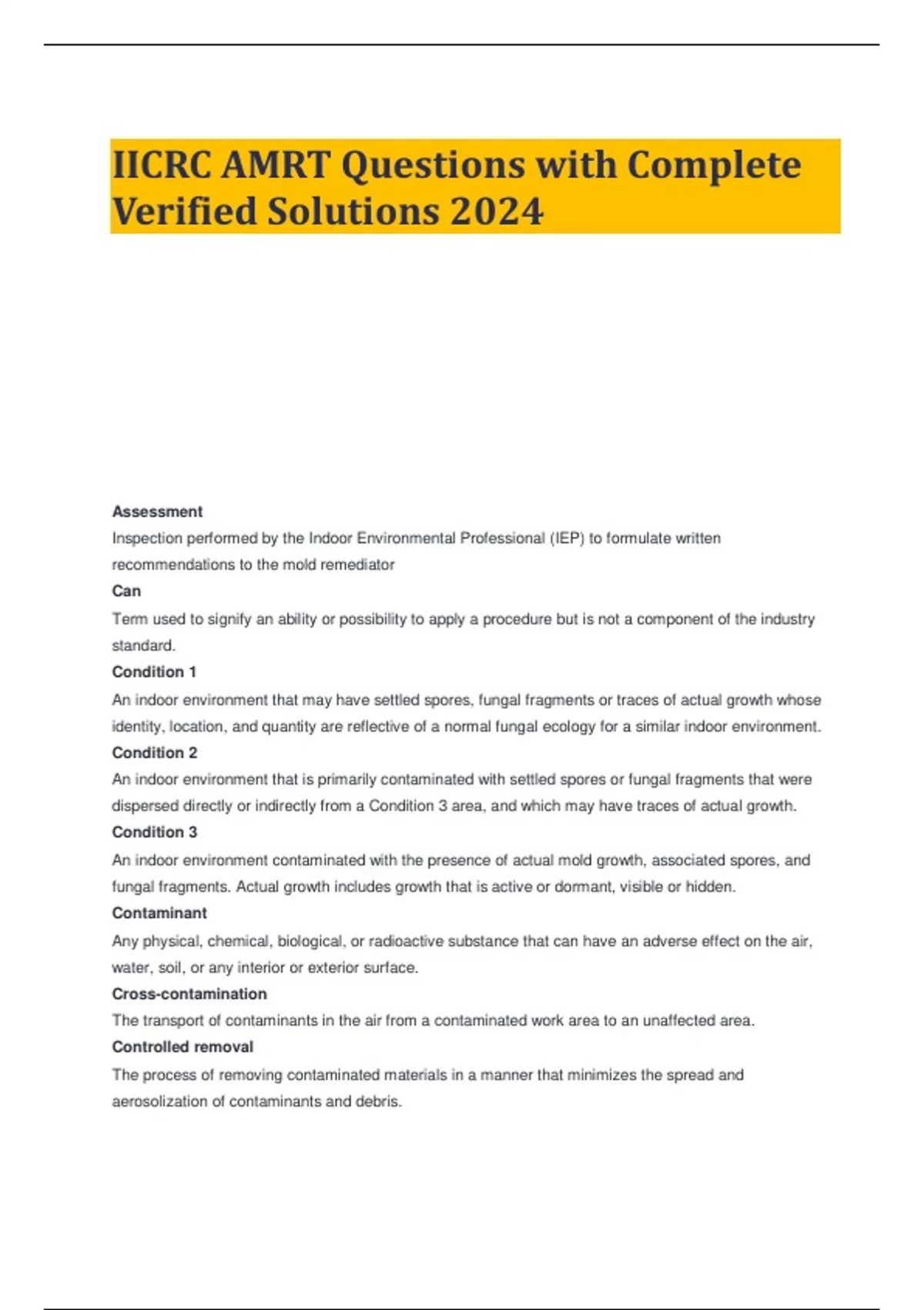 IICRC AMRT Questions with Complete Verified Solutions 2024 - IICRC AMRT ...