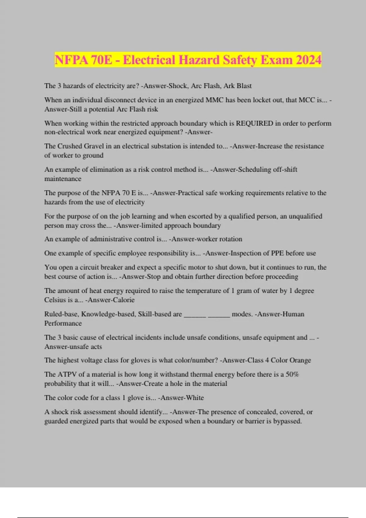 NFPA 70E - Electrical Hazard Safety Exam 2024 - NFPA 70E - Stuvia US