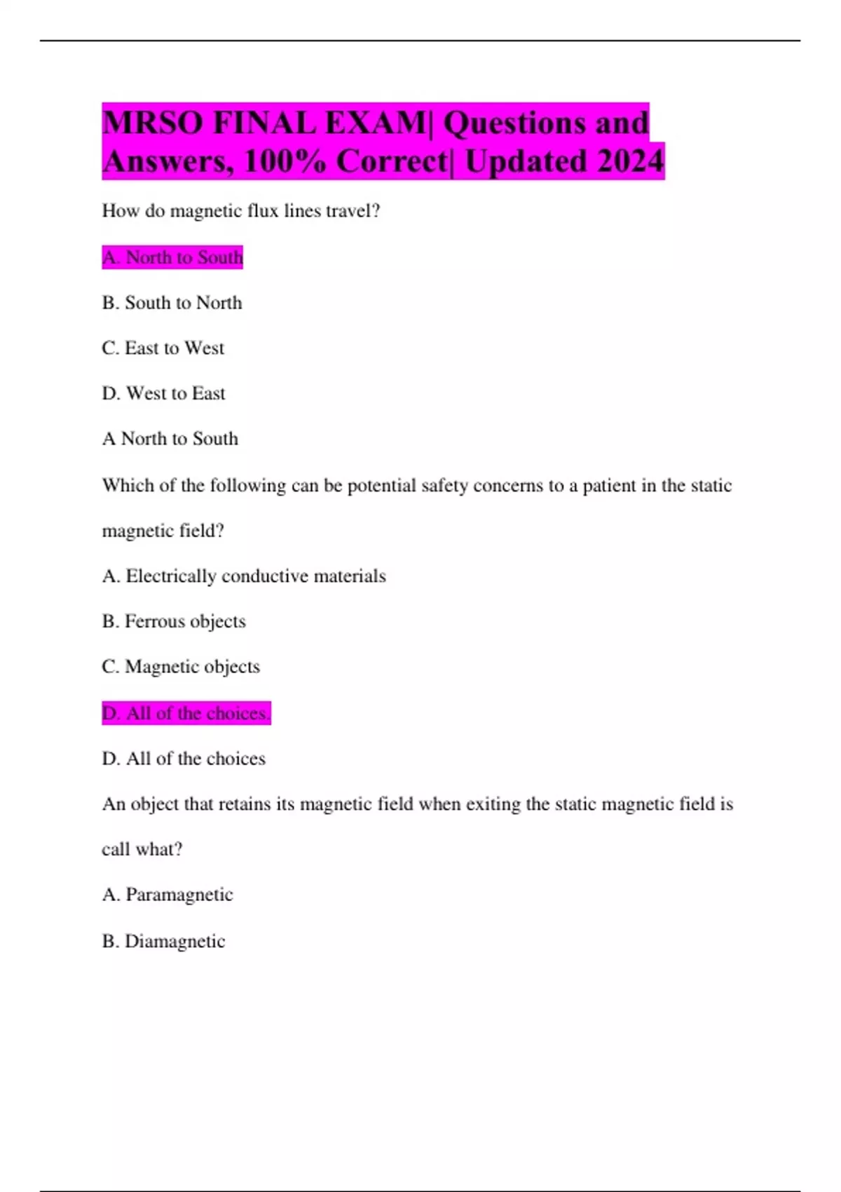 MRSO FINAL EXAM| Questions and Answers, 100% Correct| Updated 2024 ...