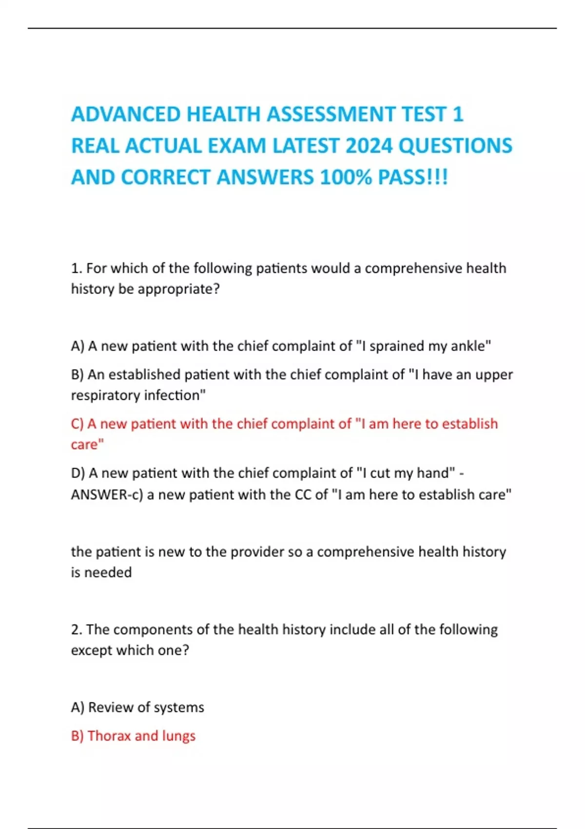ADVANCED HEALTH ASSESSMENT TEST 1 REAL ACTUAL EXAM LATEST 2024 ...