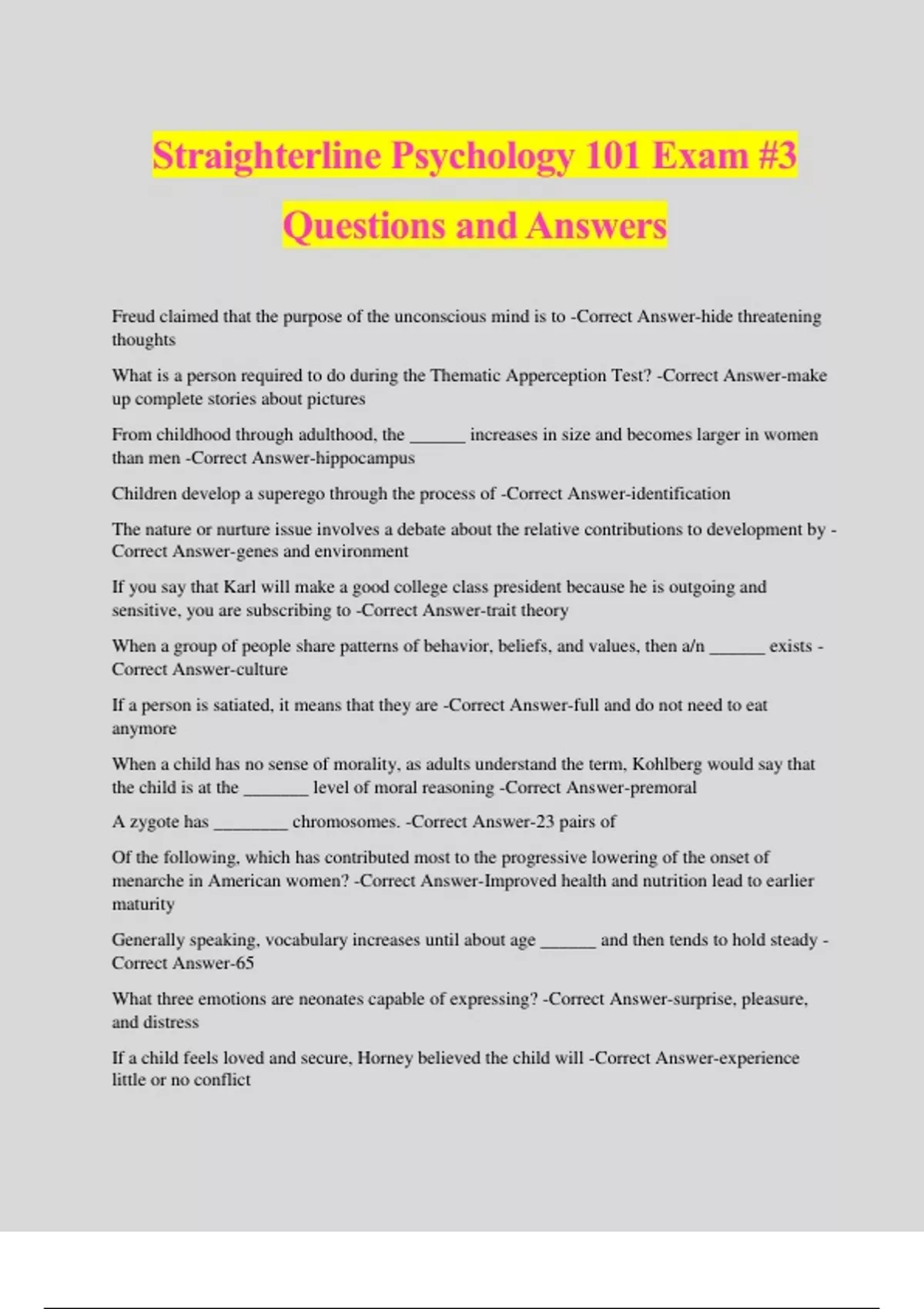 Straighterline Psychology 101 Exam #3 Questions and Answers ...