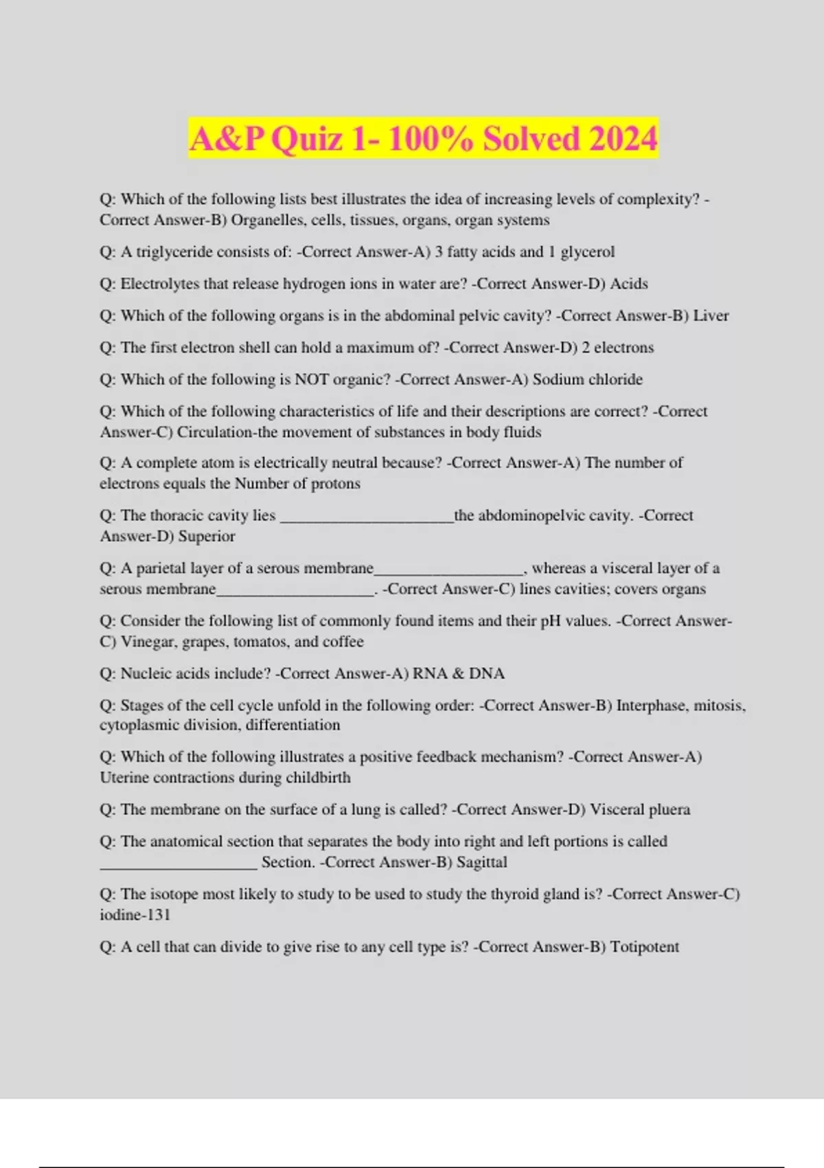 A&P Quiz 1- 100% Solved 2024 - Straighterline A&P - Stuvia US