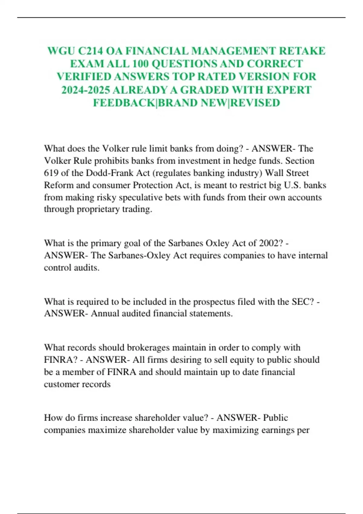 WGU C214 OA FINANCIAL MANAGEMENT RETAKE EXAM ALL 100 QUESTIONS AND CORRECT VERIFIED ANSWERS TOP ...