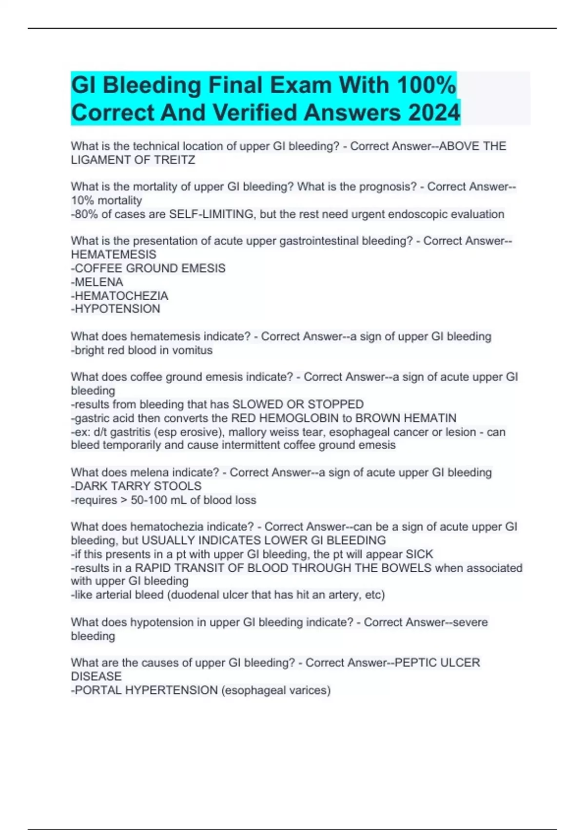 GI Bleeding Final Exam With 100% Correct And Verified Answers 2024 - GI ...