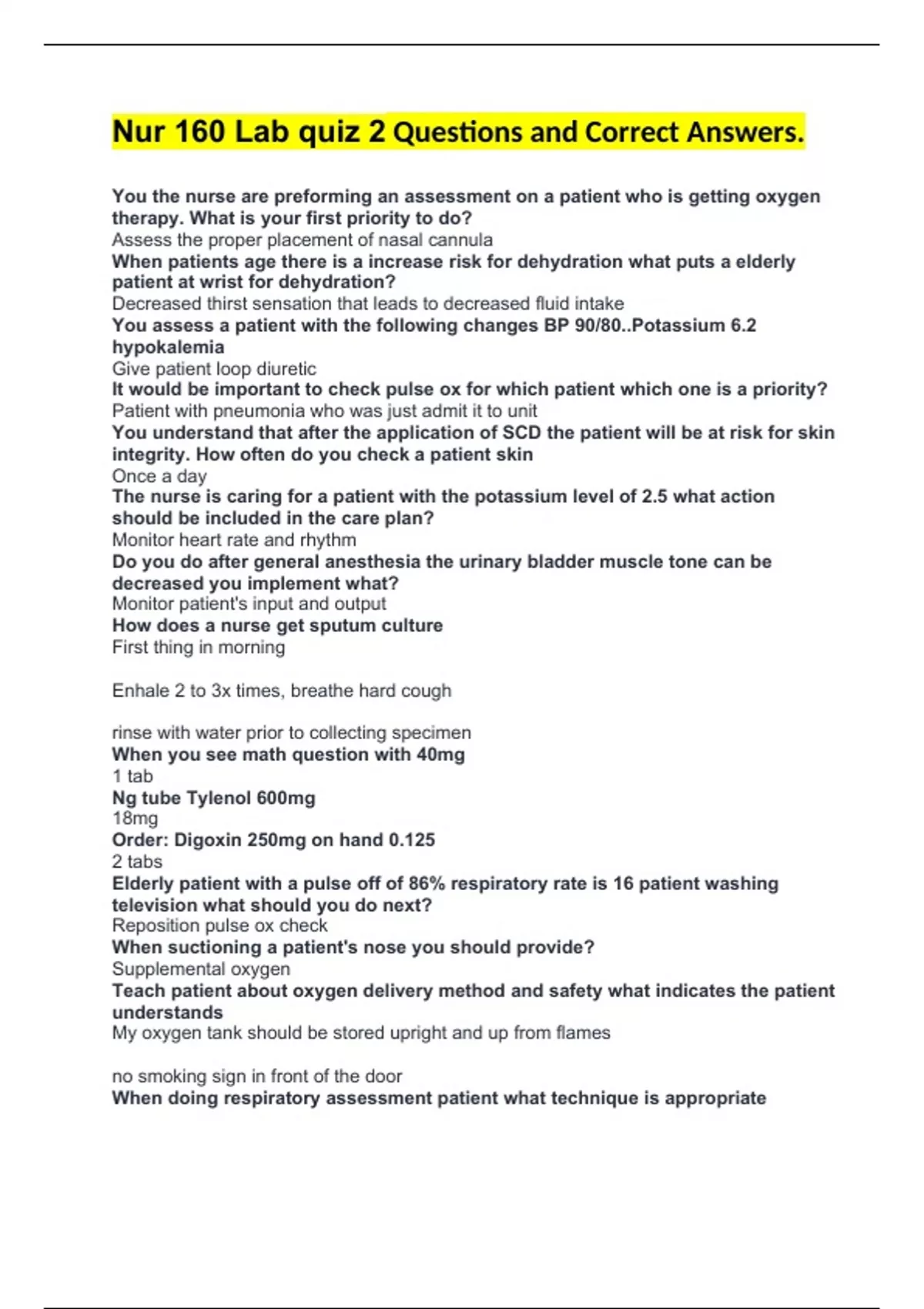 Nur 160 Lab quiz 2 Questions and Correct Answers. - Nur 160 Lab - Stuvia US