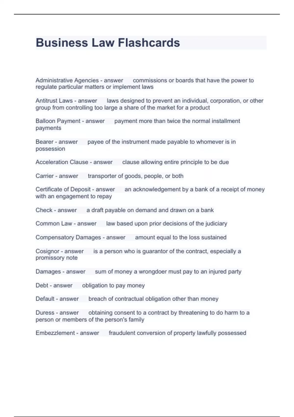 Business Law Flashcards Questions with solutions 2024 - Business law ...
