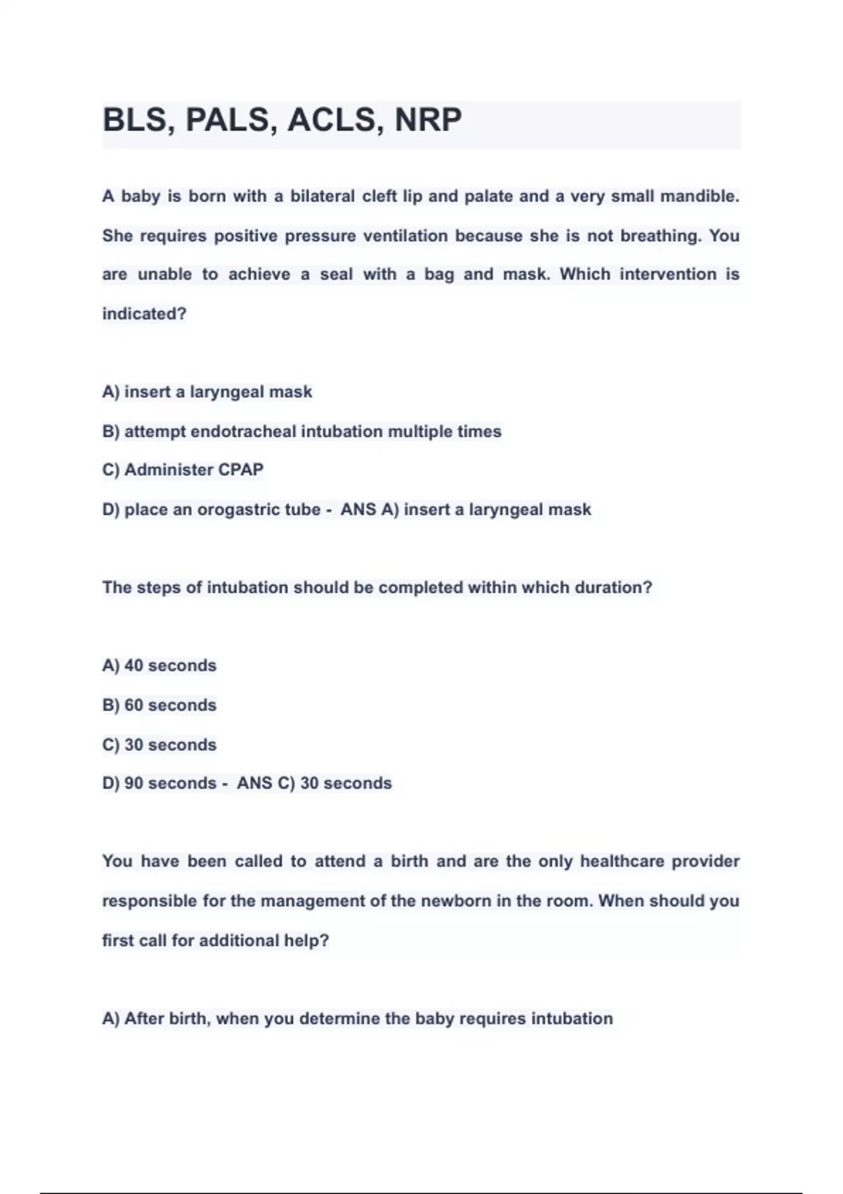 BLS, PALS, ACLS, NRP Questions & Answers 2024(A+GRADED 100%VERIFIED ...