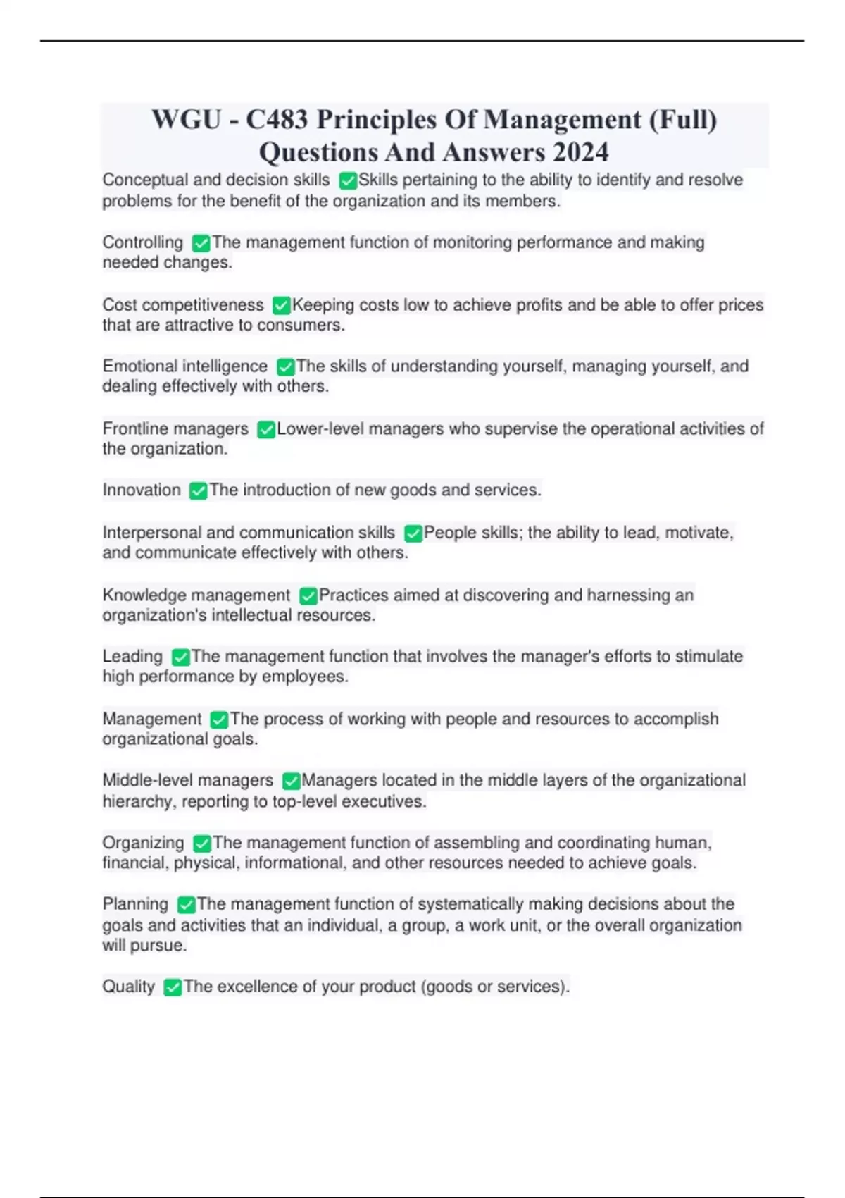 WGU - C483 Principles Of Management (Full) Questions And Answers 2024 ...
