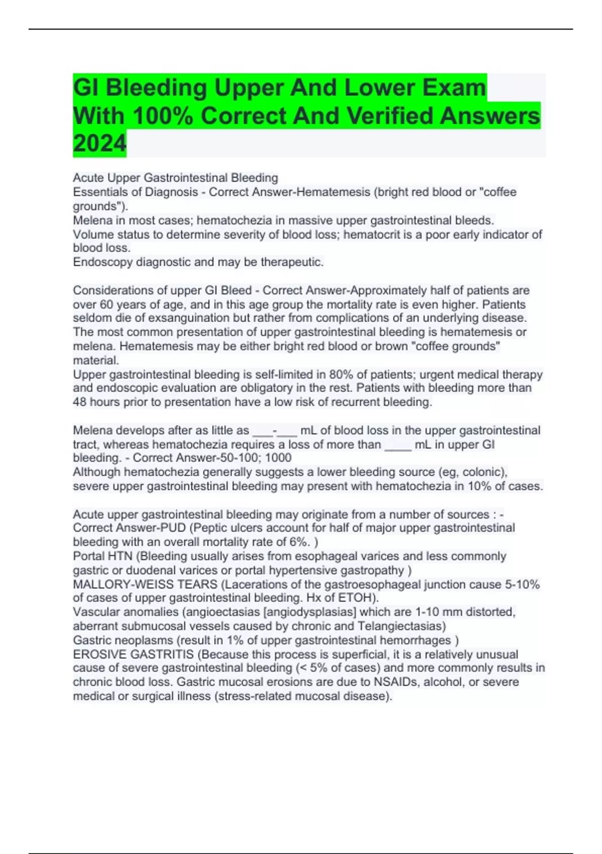 GI Bleeding Upper And Lower Exam With 100% Correct And Verified Answers ...