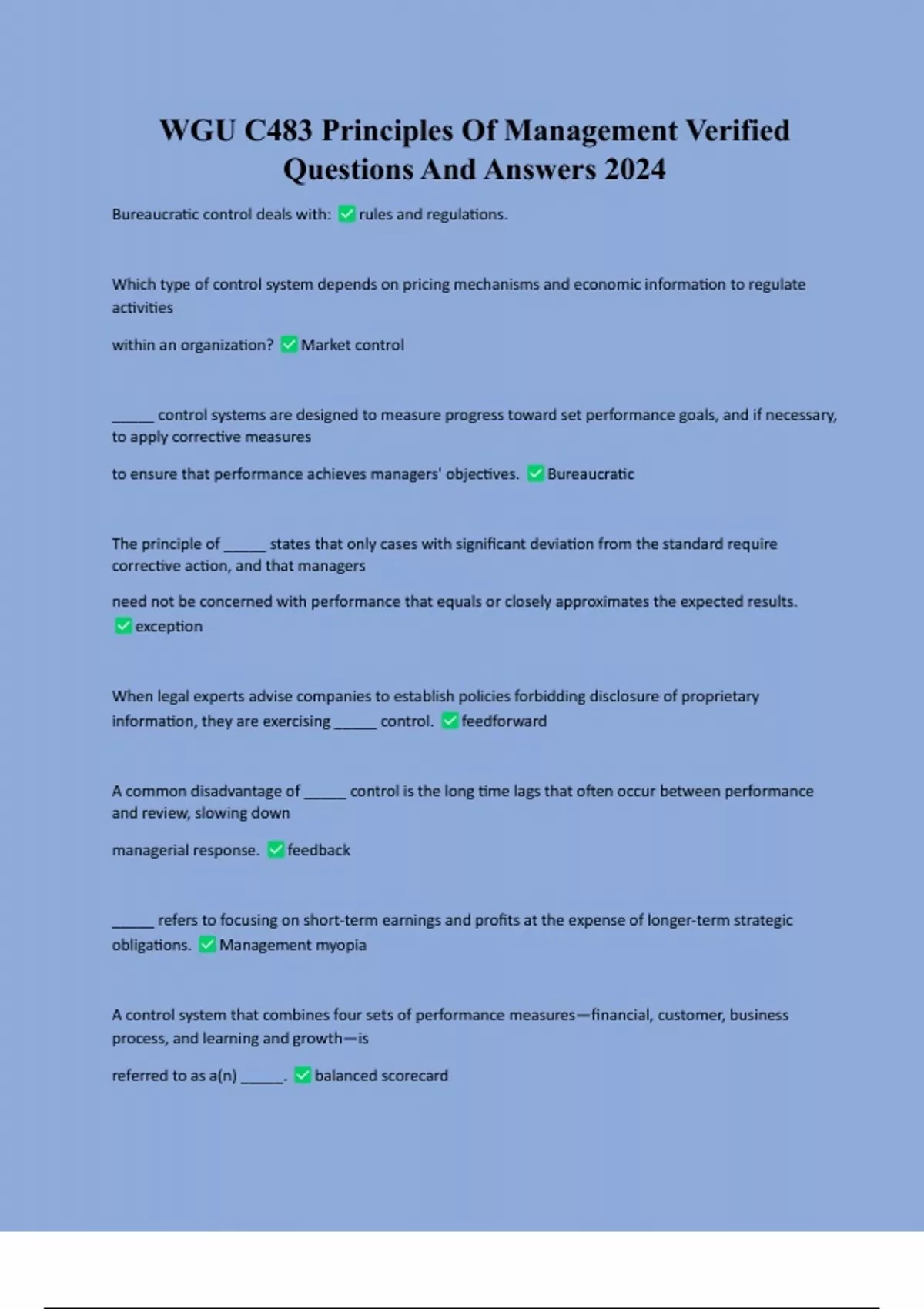 WGU C483 Principles Of Management Verified Questions And Answers 2024 ...