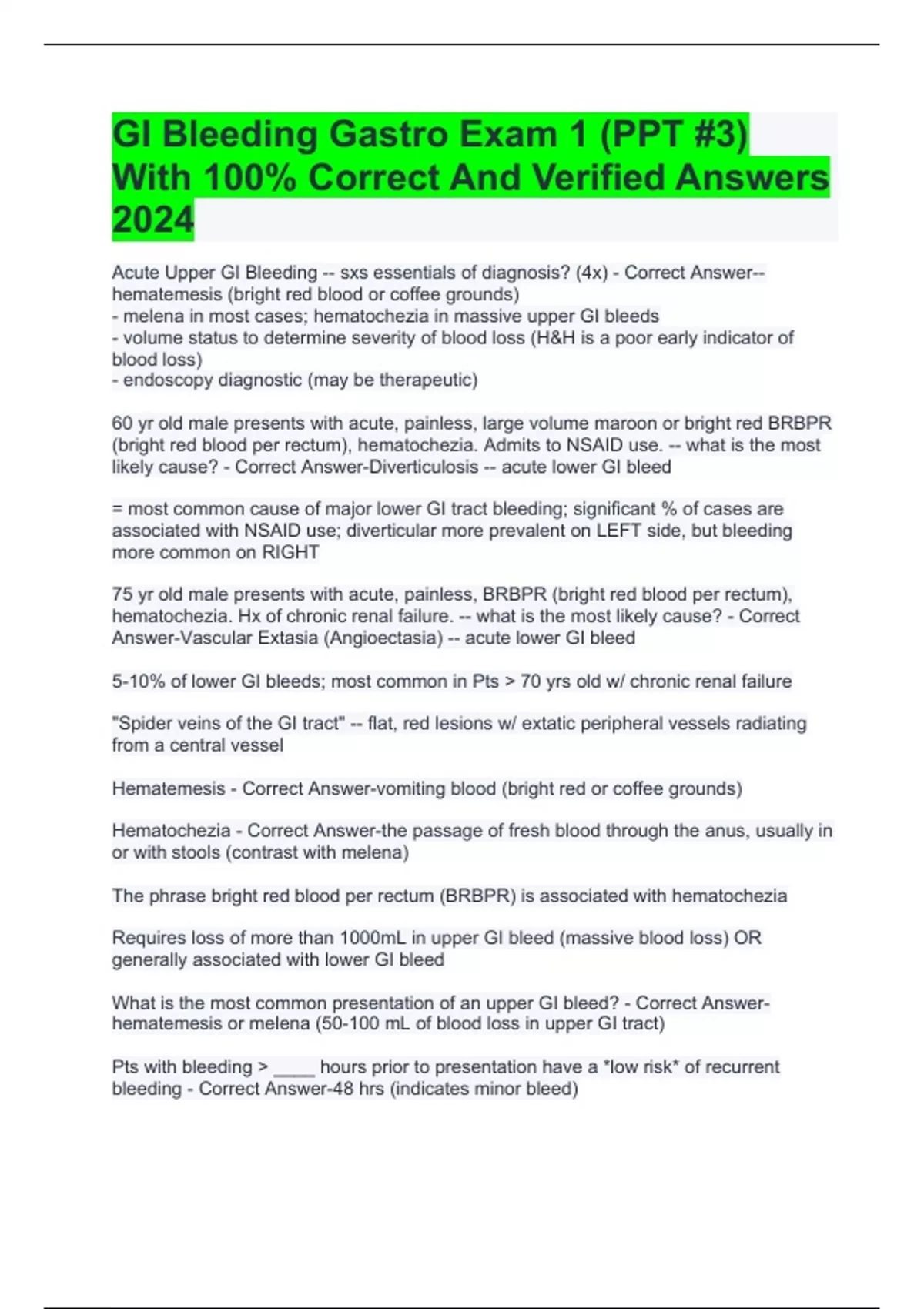 GI Bleeding Gastro Exam 1 (PPT #3) With 100% Correct And Verified ...