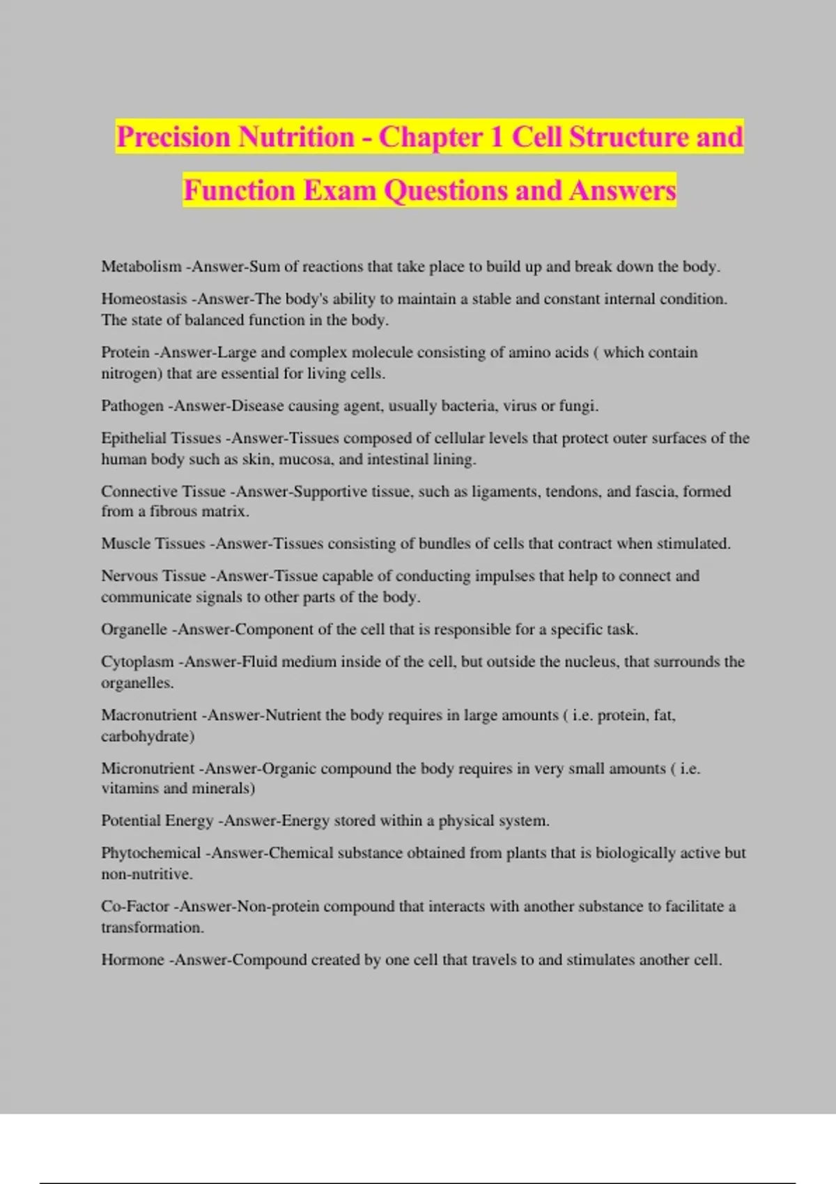 Precision Nutrition - Chapter 1 Cell Structure and Function Exam ...