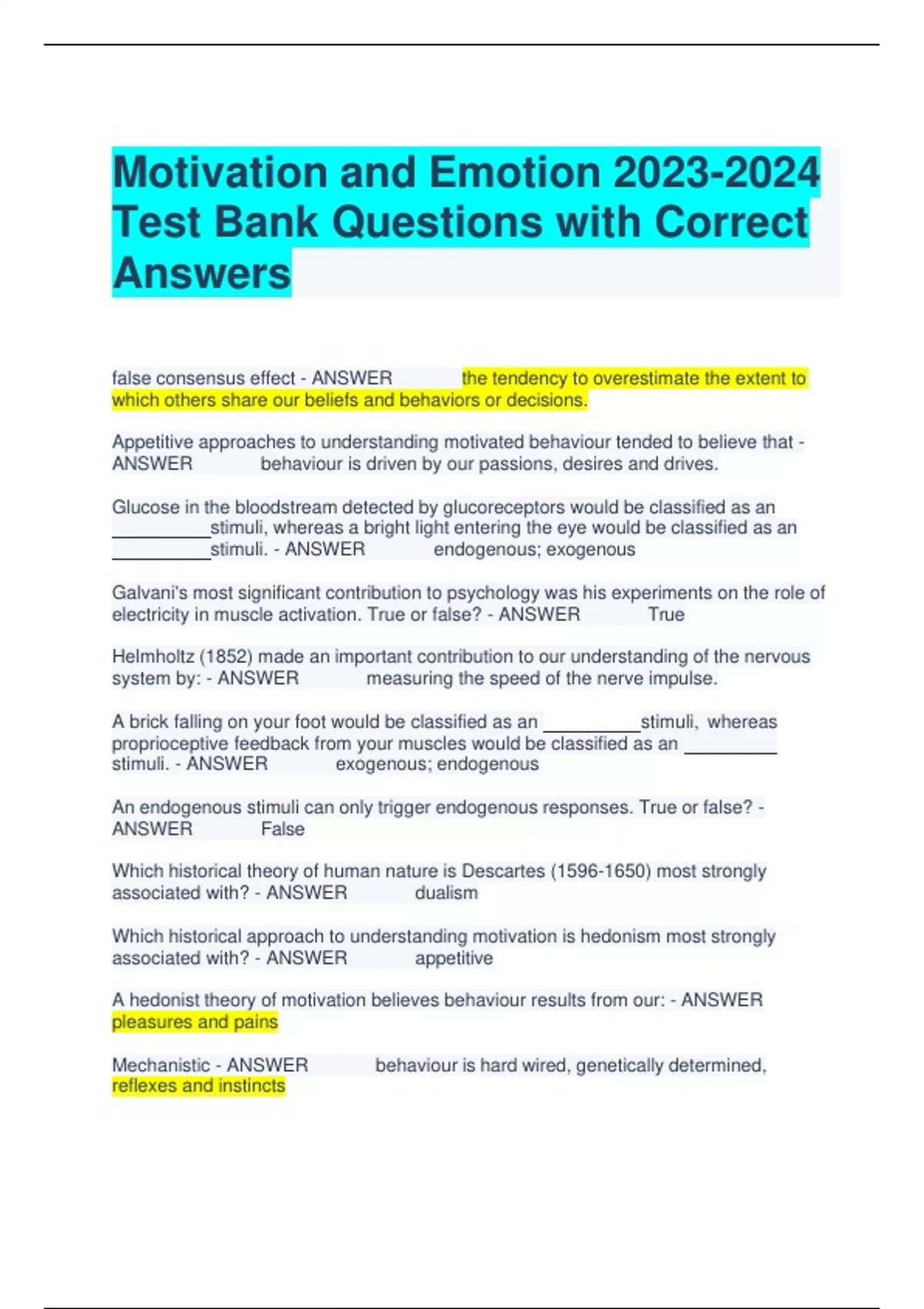 Motivation and Emotion Test Bank Questions with Correct Answers ...