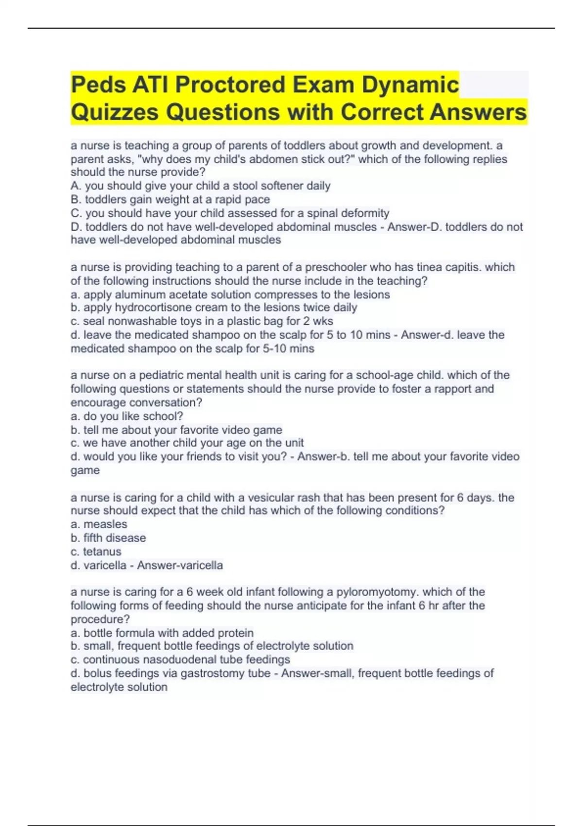 Peds ATI Proctored Exam Dynamic Quizzes Questions with Correct Answers ...