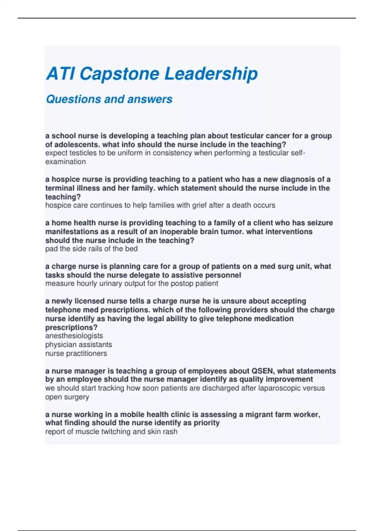 ATI Capstone Leadership Questions and answers latest 2024 - ATI ...