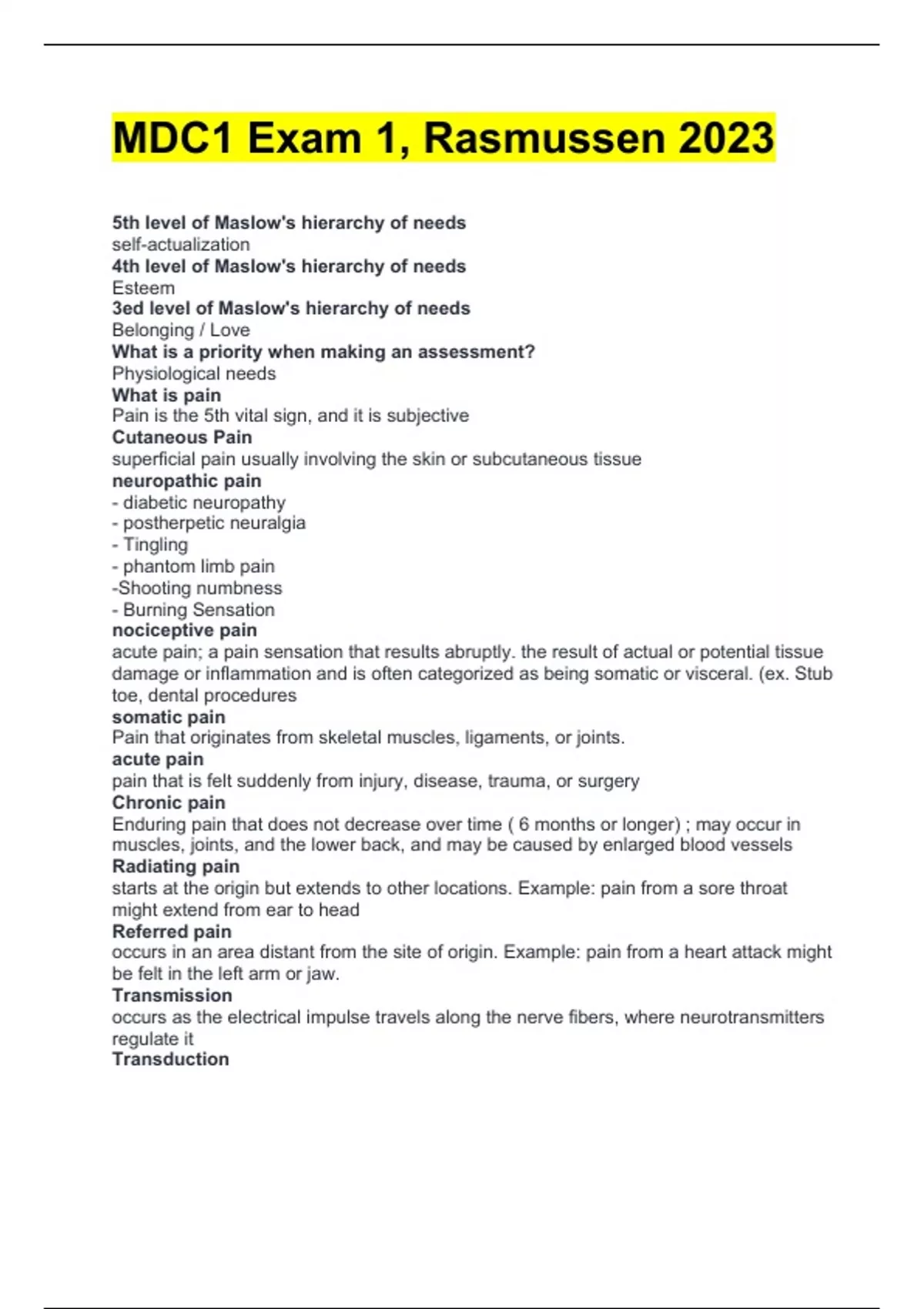 MDC1 Exam 1, Rasmussen 2023 - MDC1 - Stuvia US