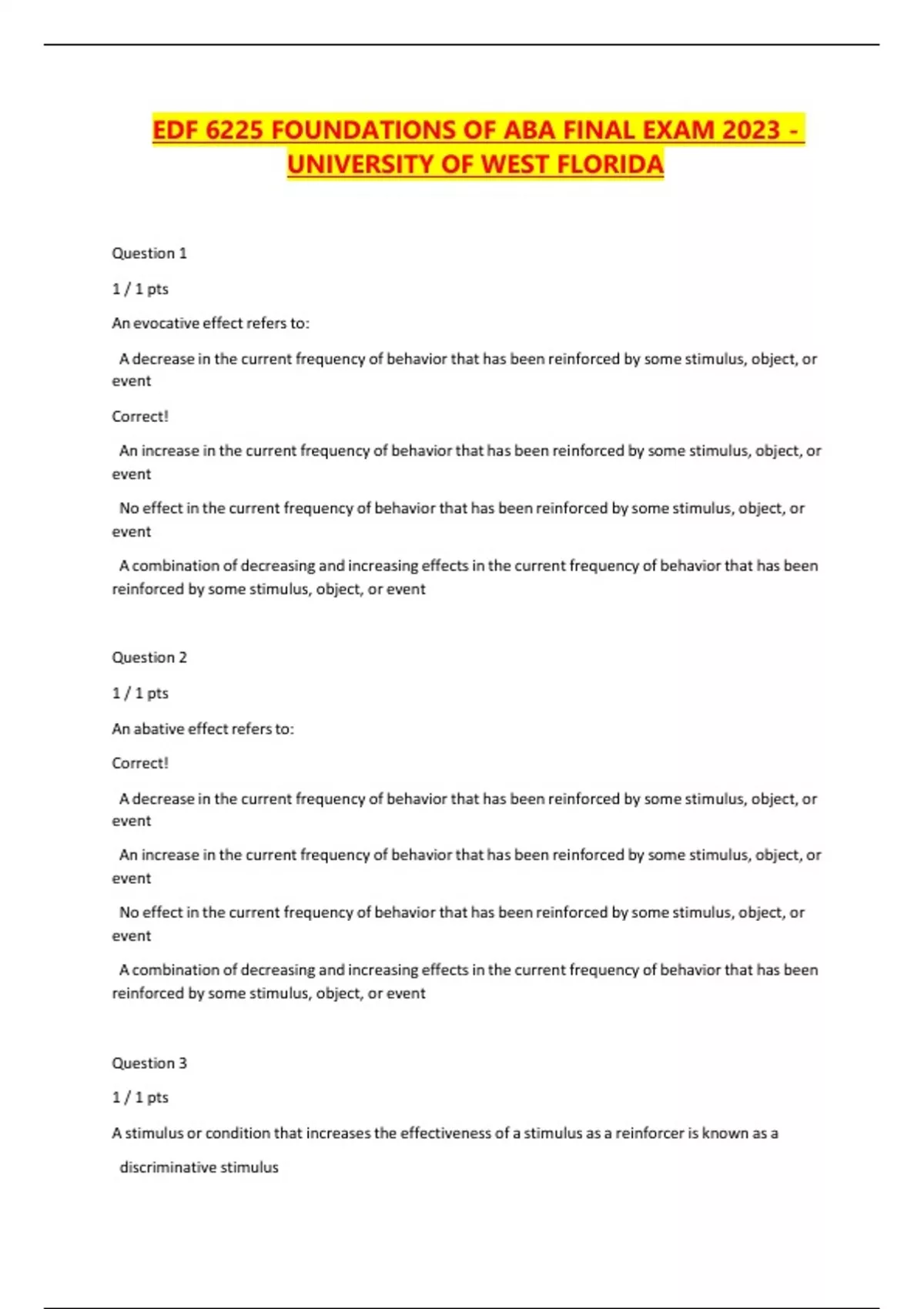 EDF 6225 FOUNDATIONS OF ABA FINAL EXAM -UNIVERSITY OF WEST FLORIDA ...