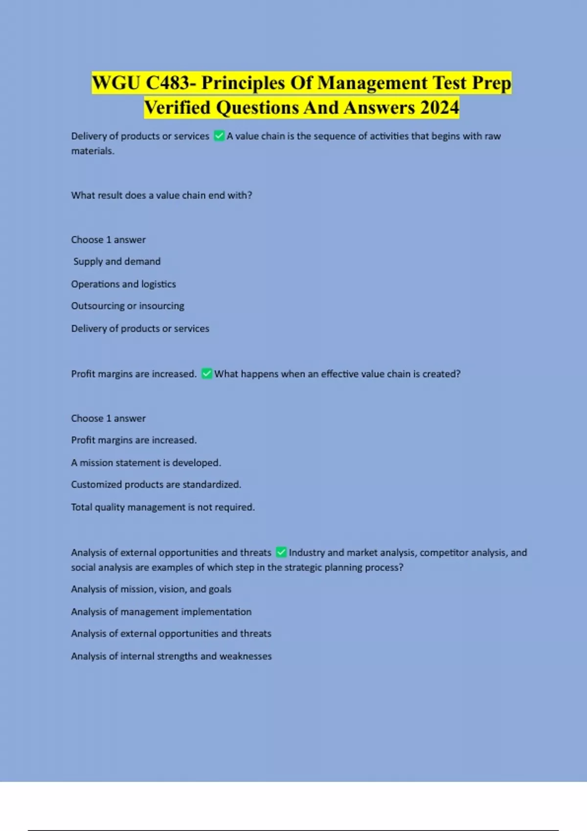 WGU C483- Principles Of Management Test Prep Verified Questions And ...