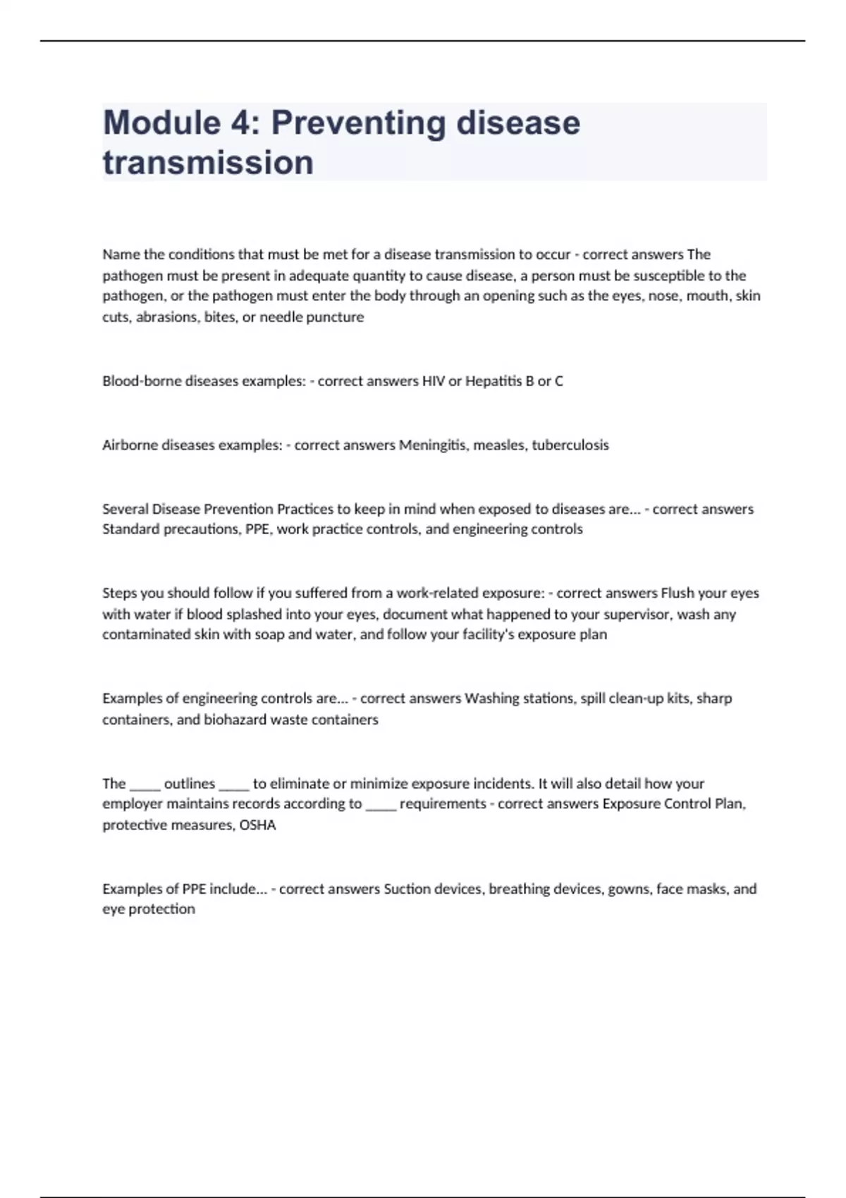 Module 4: Preventing disease transmission questions with 100% correct ...