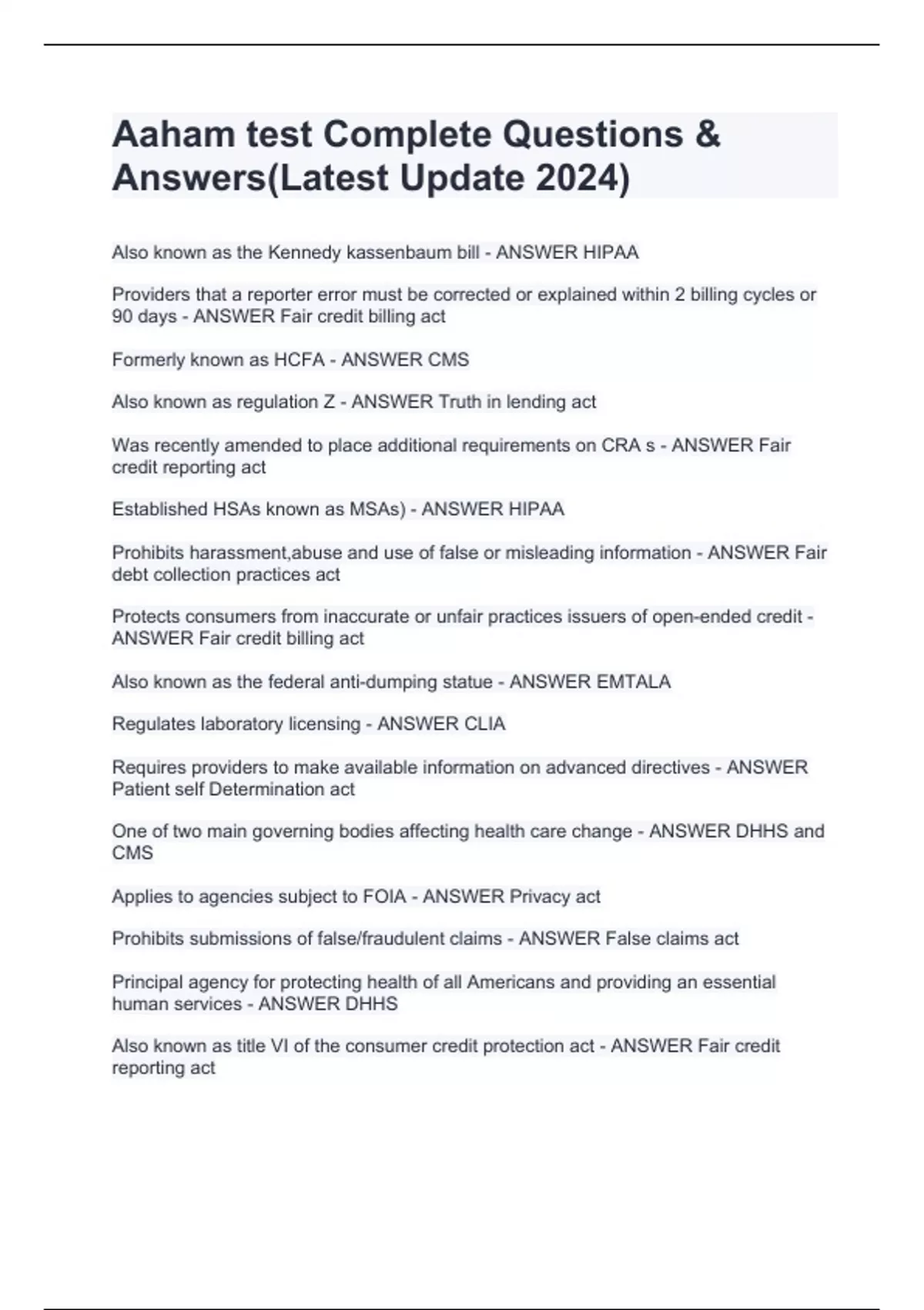 Aaham test Complete Questions & Answers(Latest Update 2024) - Aaham ...