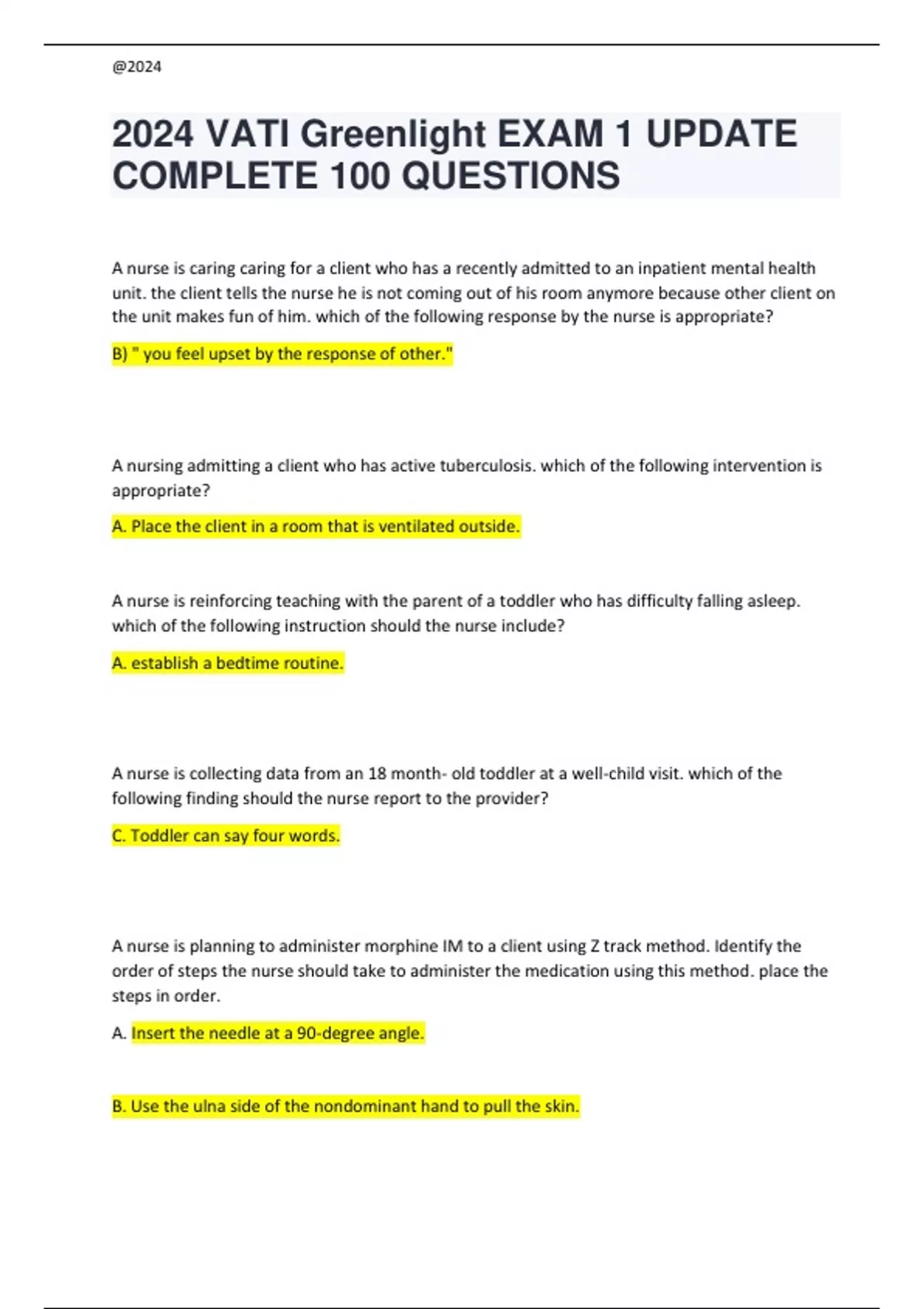 2024 VATI Greenlight EXAM 1 UPDATE COMPLETE 100 QUESTIONS - VATI COMPREHENSIVE Greenlight ...