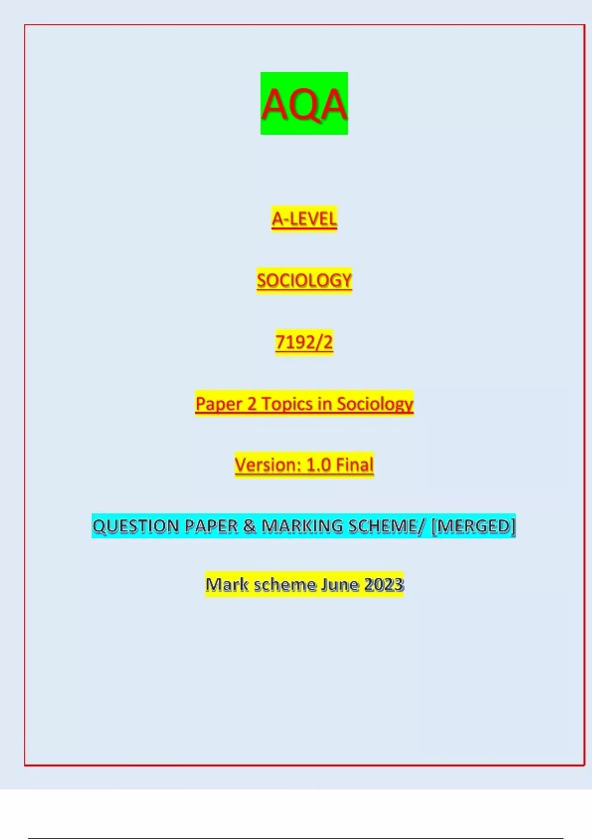 AQA A-LEVEL SOCIOLOGY 7192/2 Paper 2 Topics in Sociology Version: 1.0 ...