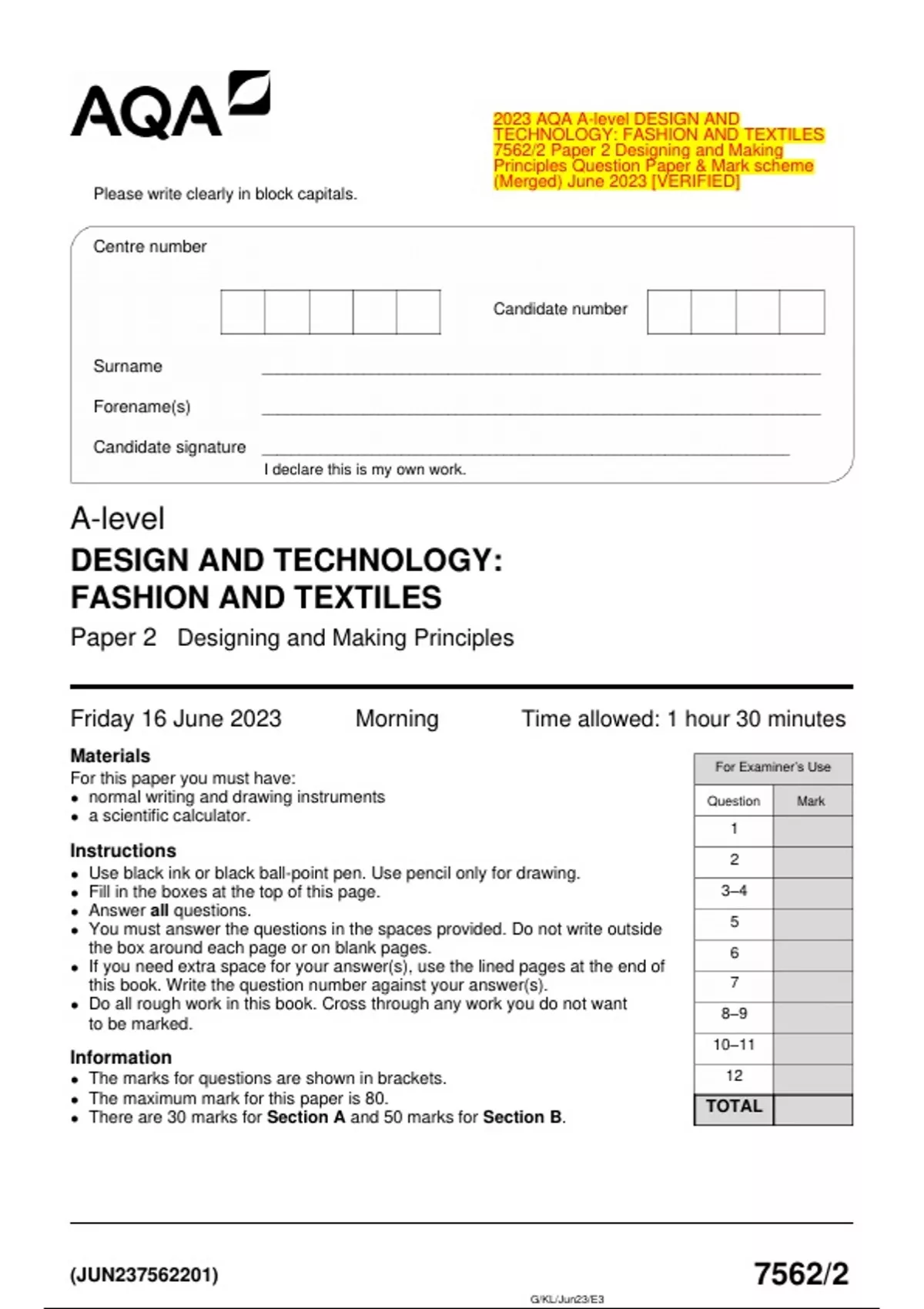 2023 AQA A-level DESIGN AND TECHNOLOGY: FASHION AND TEXTILES 7562/2 ...