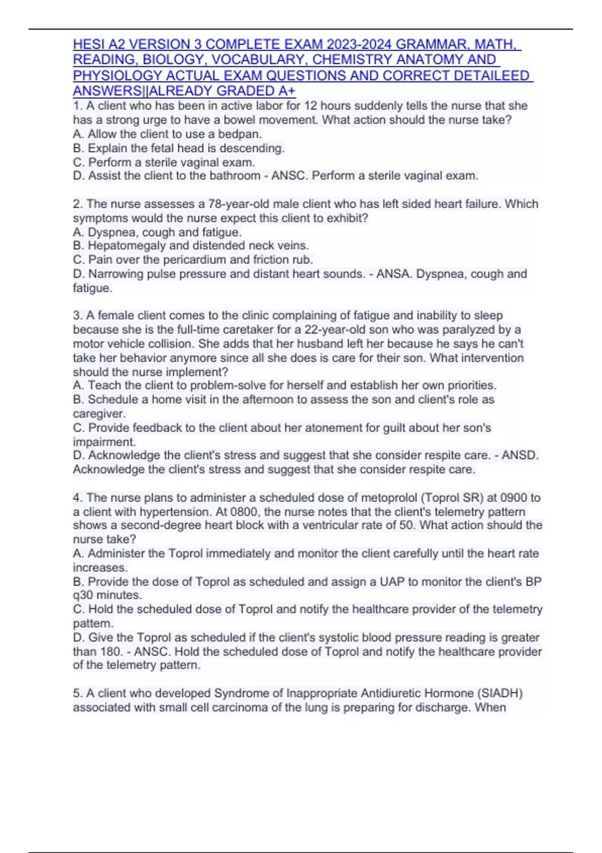 HESI A2 VERSION 3 COMPLETE EXAM GRAMMAR, MATH, READING, BIOLOGY ...