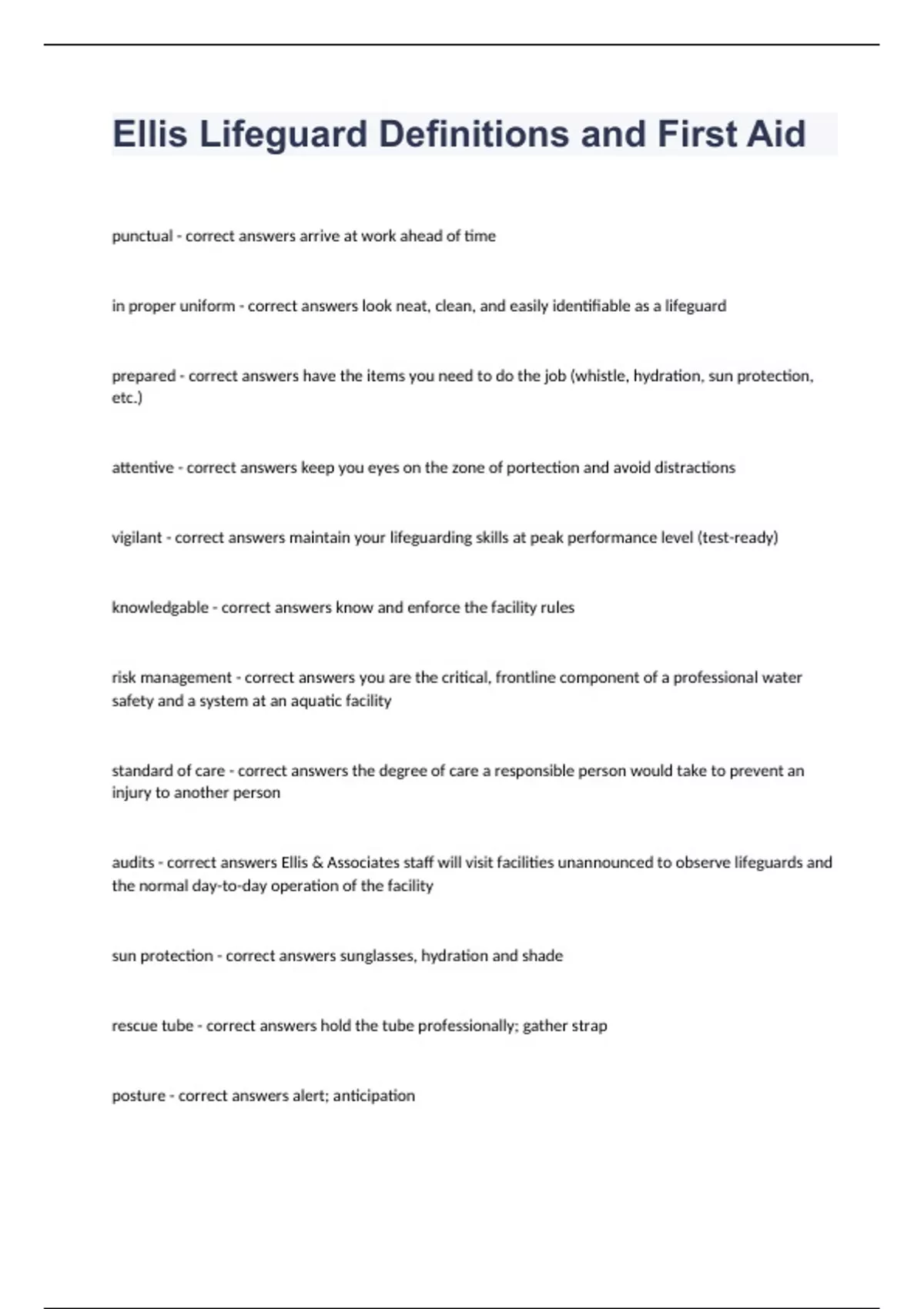 Ellis Lifeguard Definitions and First Aid fully solved graded A+ 2023/ ...