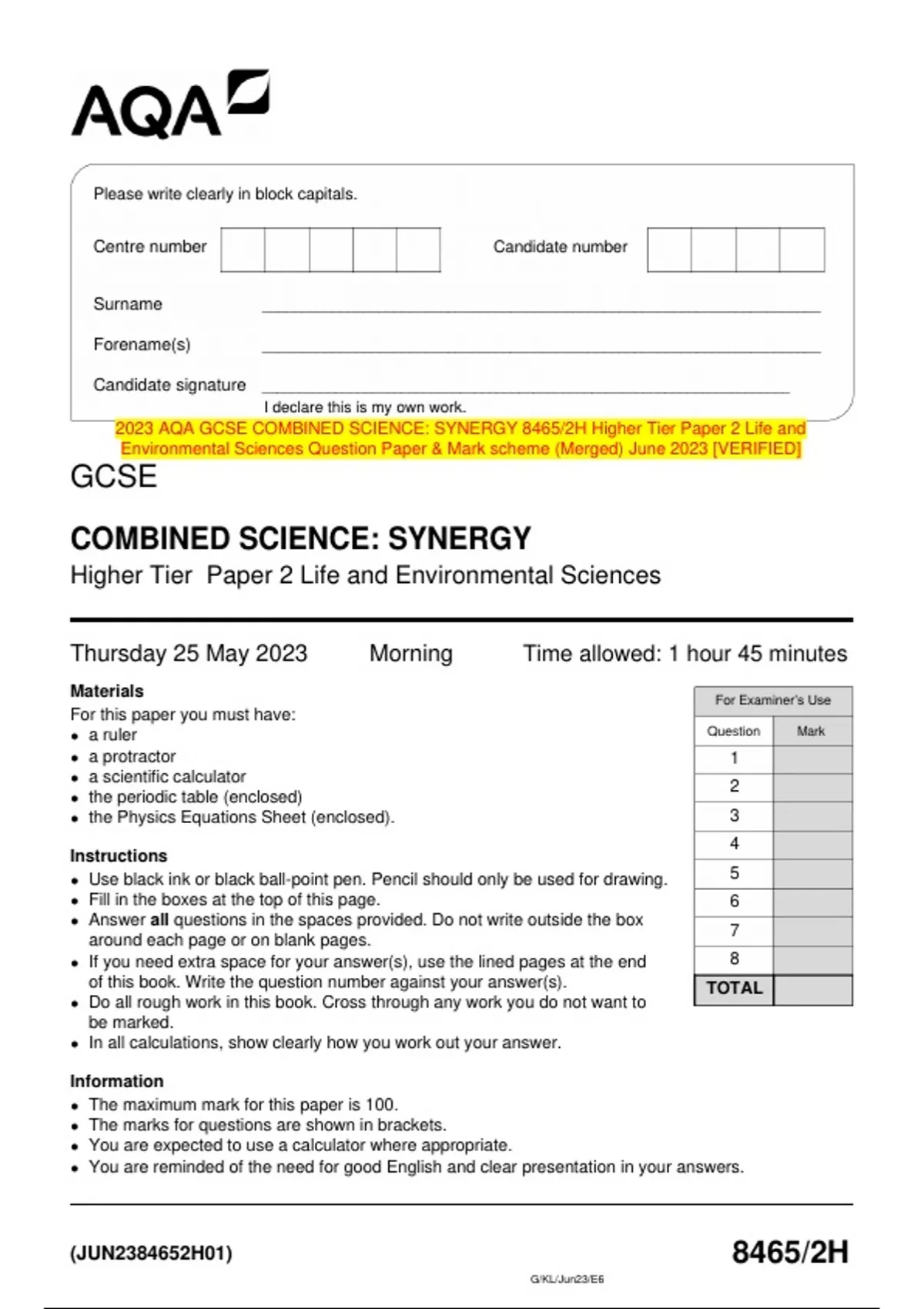 2023 AQA GCSE COMBINED SCIENCE: SYNERGY 8465/2H Higher Tier Paper 2 ...