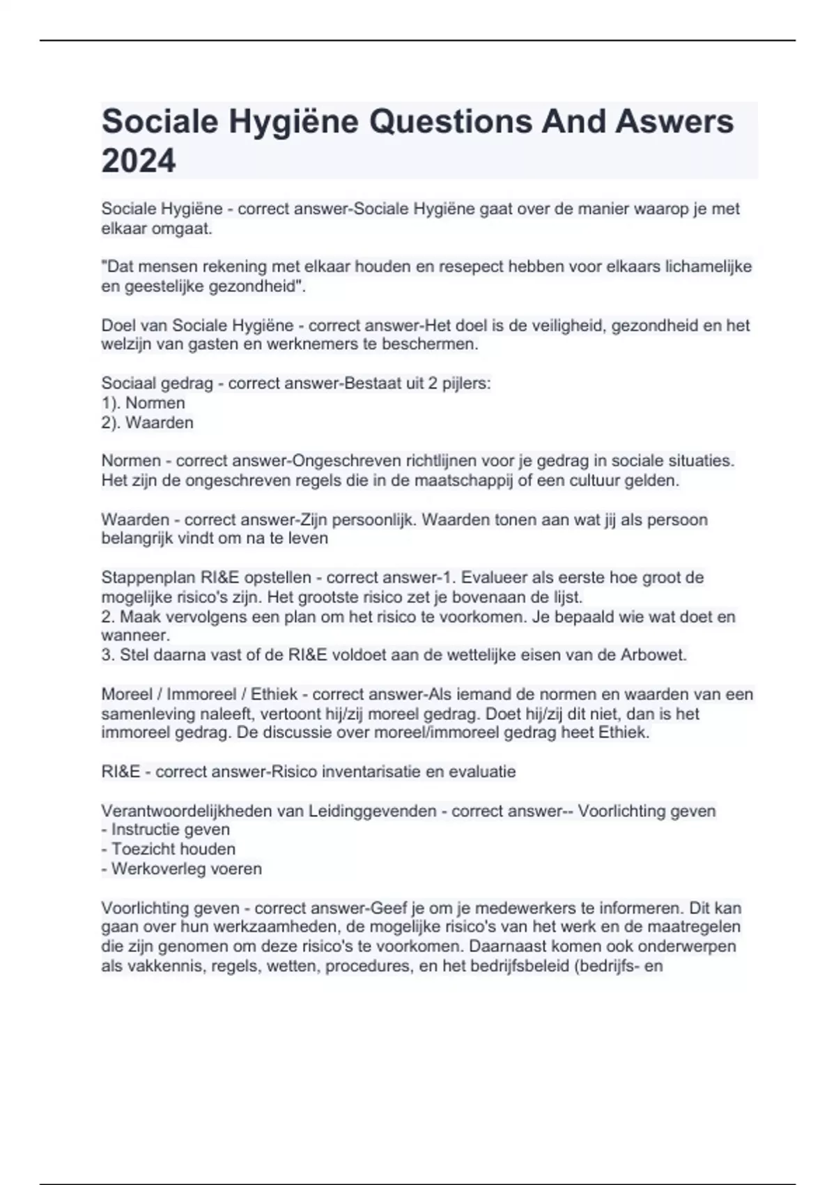 Sociale Hygiëne Questions And Aswers 2024 - Sociale Hygiëne - Stuvia US