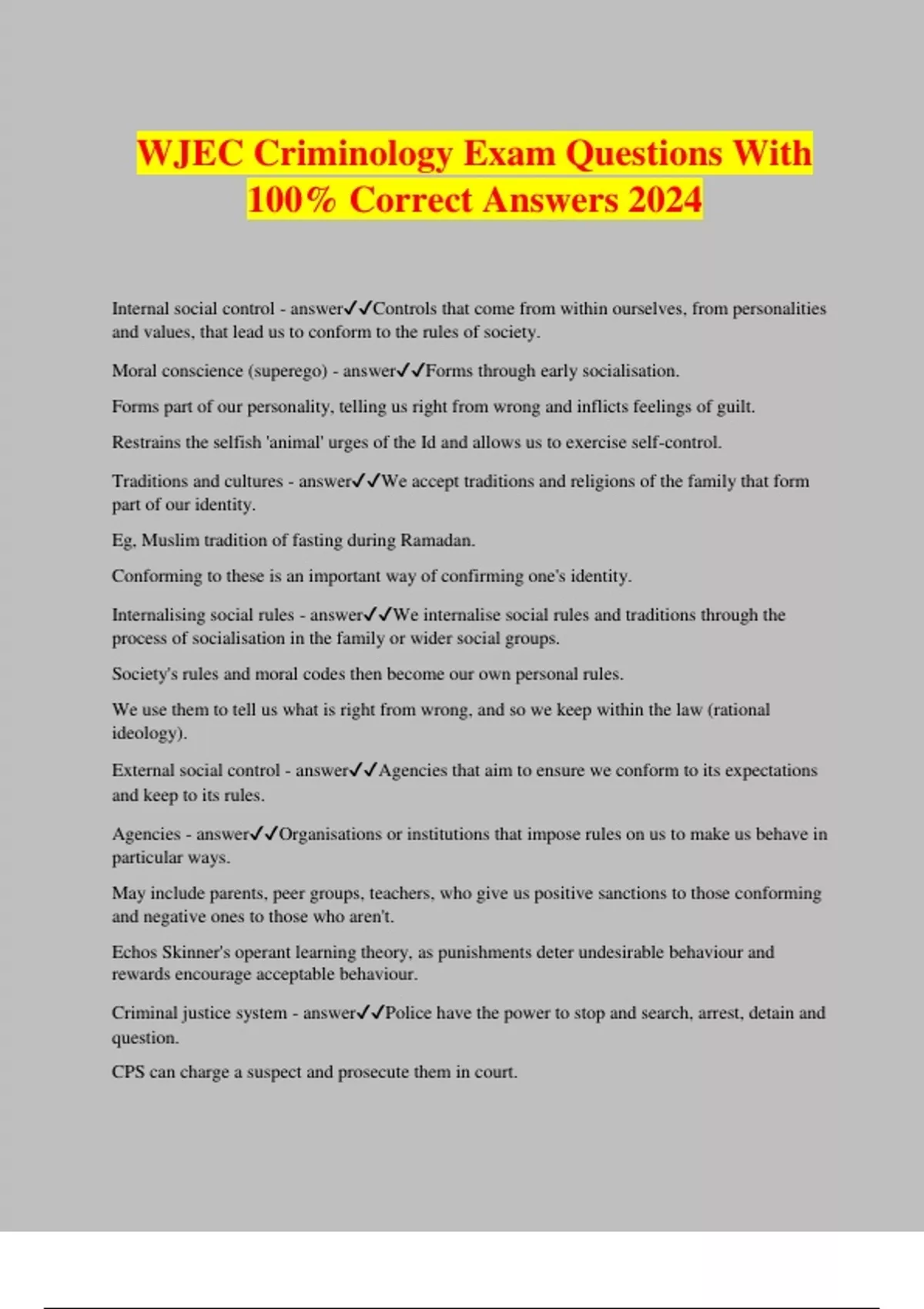 WJEC Criminology Exam Questions With 100% Correct Answers 2024 - WJEC ...