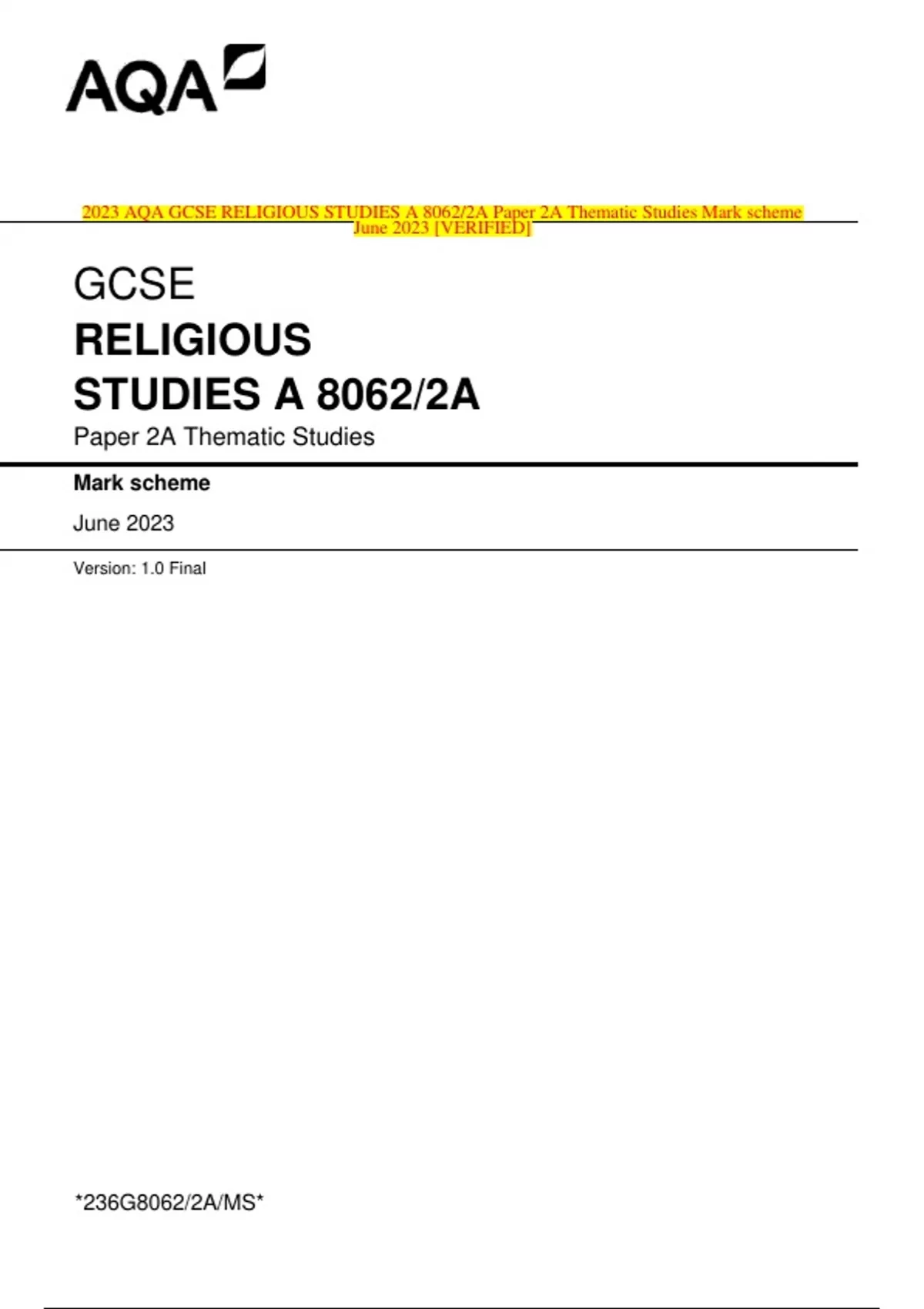 2023 AQA GCSE RELIGIOUS STUDIES A 8062/2A Paper 2A Thematic Studies ...