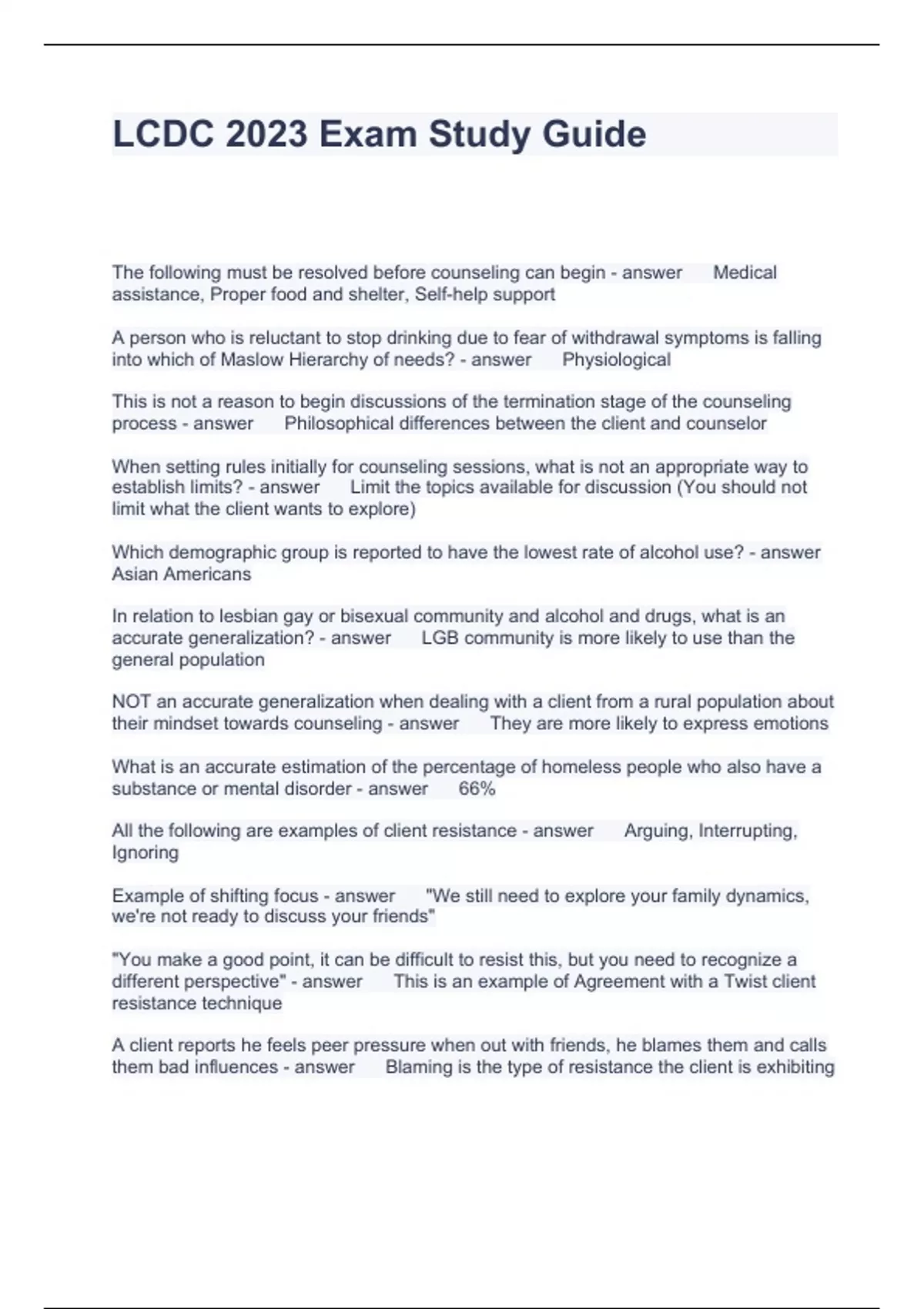 LCDC 2023 Exam Study Guide Questions with solutions 2024 - LCDC - Stuvia US