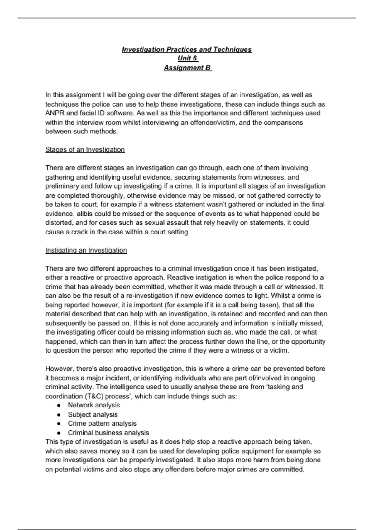 Unit 6 Assignment B Investigation Practices And Techniques Unit 6 Criminal Investigation