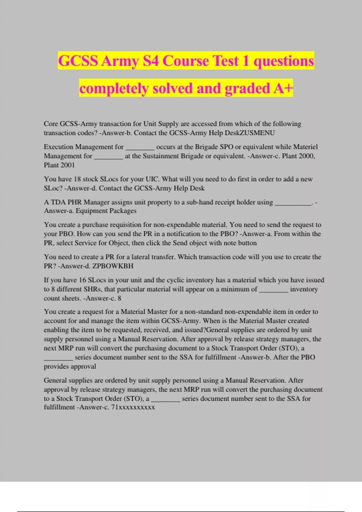 GCSS Army S4 Course Test 1 questions completely solved and graded A+ ...