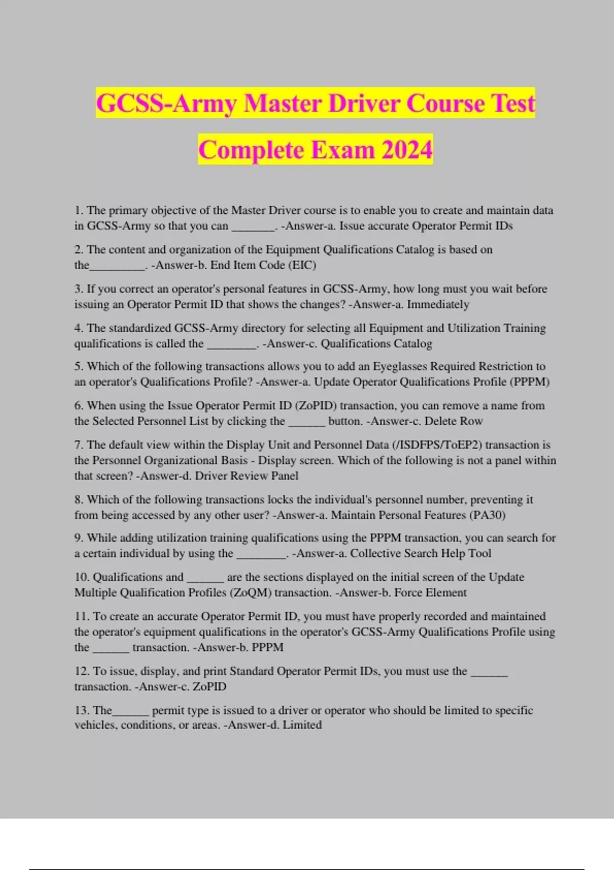 Gcss Army Master Driver Course Test Complete Exam 2024 Gcss Army Stuvia Us