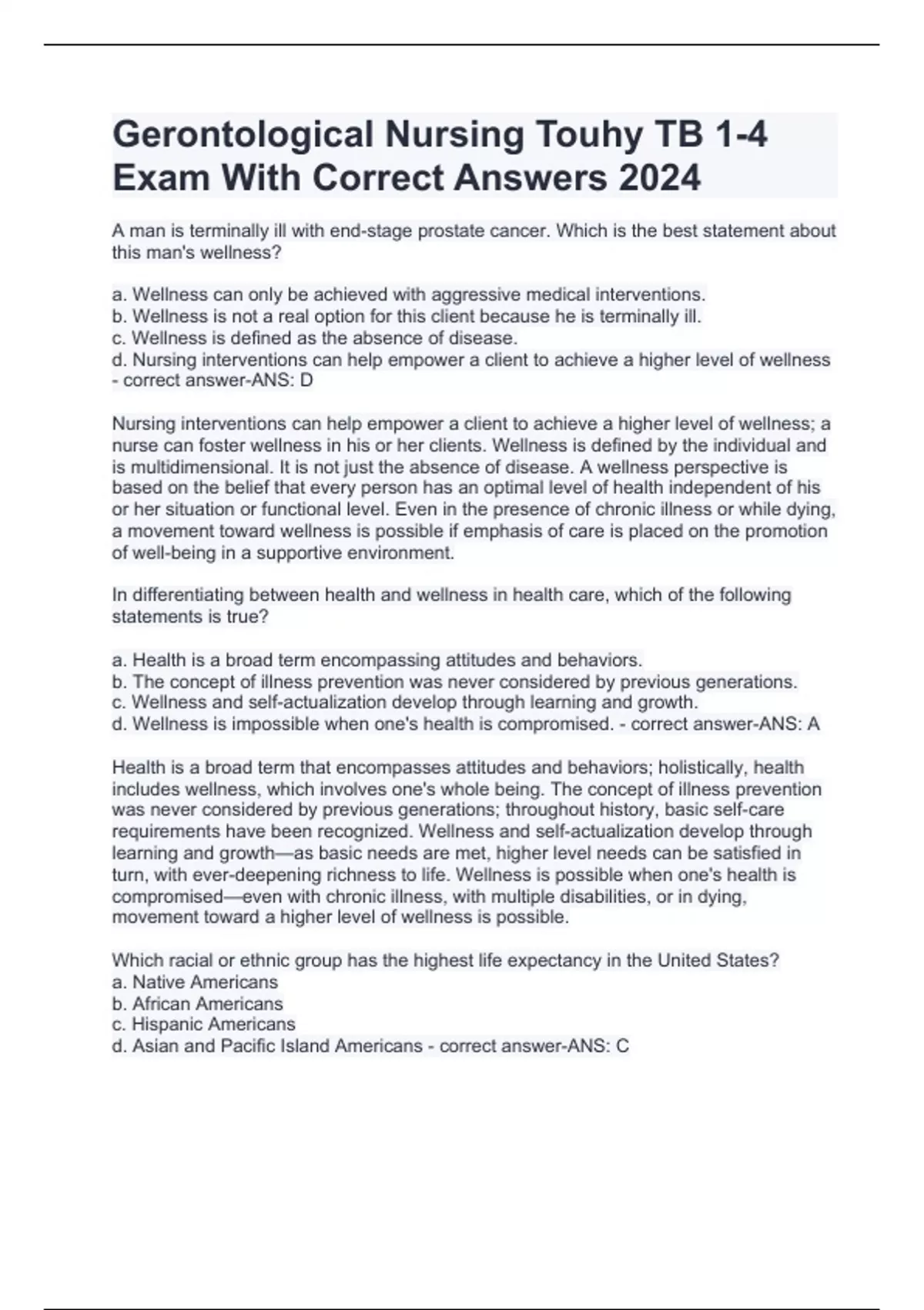 GGerontological Nursing Touhy TB 1-4 Exam With Correct Answers 2024 A ...