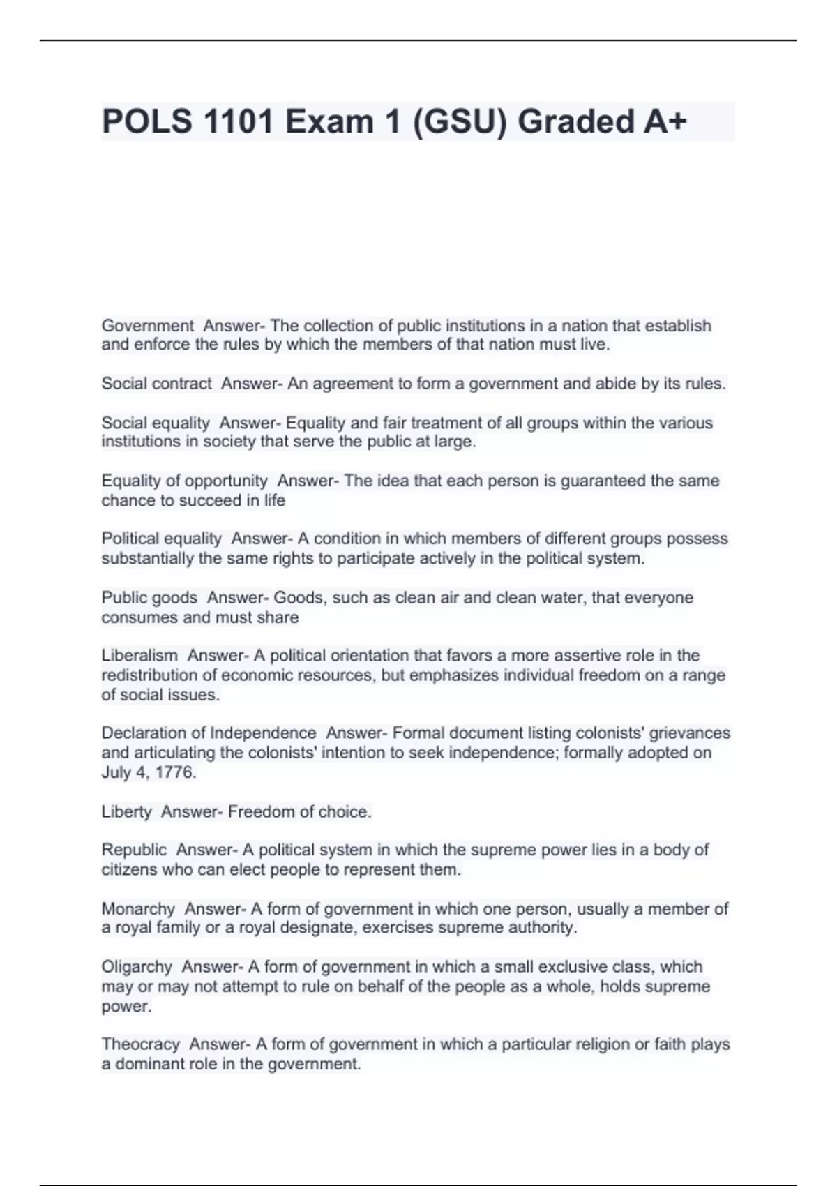 POLS 1101 Exam 1 (GSU) Graded A+ - POLS 1101 - Stuvia US