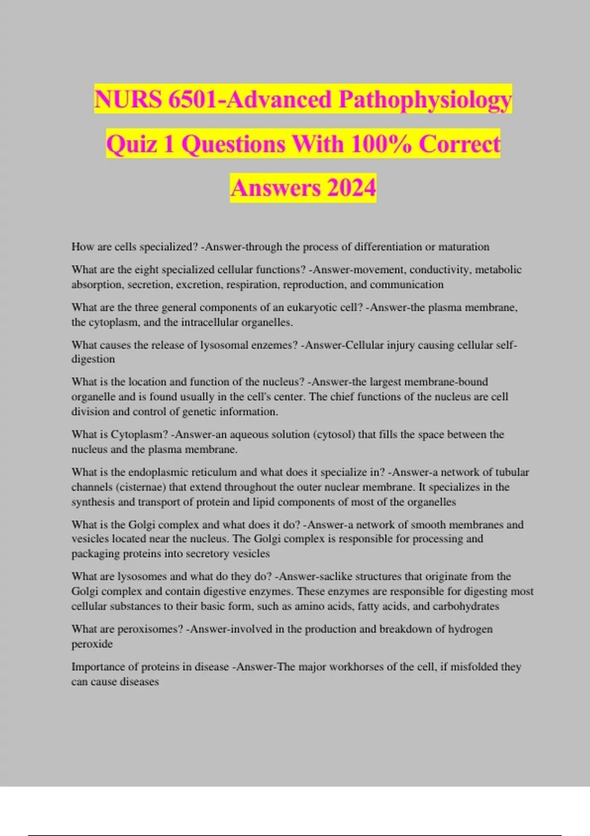 NURS 6501-Advanced Pathophysiology Quiz 1 Questions With 100% Correct ...