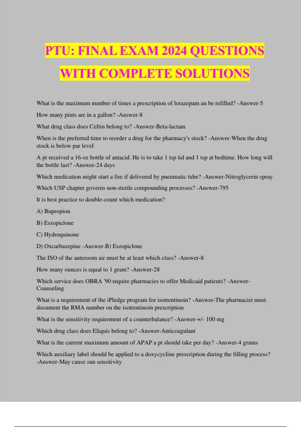 PTU: FINAL EXAM 2024 QUESTIONS WITH COMPLETE SOLUTIONS - PTU - Stuvia US