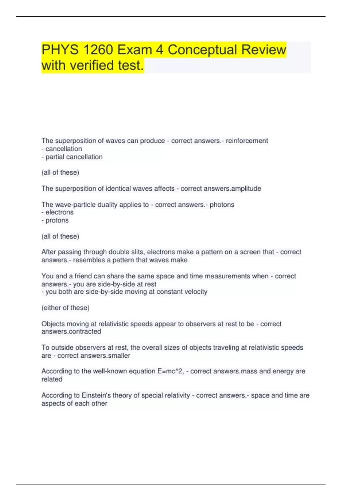 PHYS 1260 Exam 4 Conceptual Review with verified test. - PHYS 1260 ...